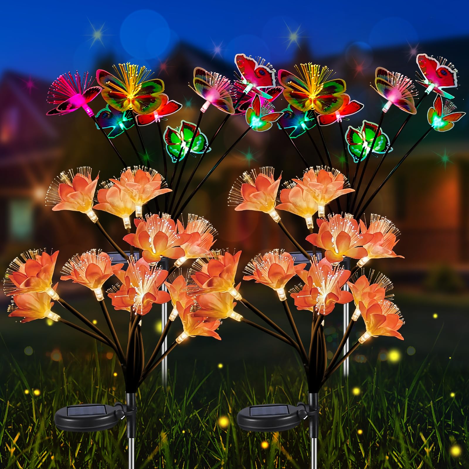 Neporal 4PK Solar Garden Lights Outdoor, Solar Flower Lights + Multi-Color Solar Butterfly ...