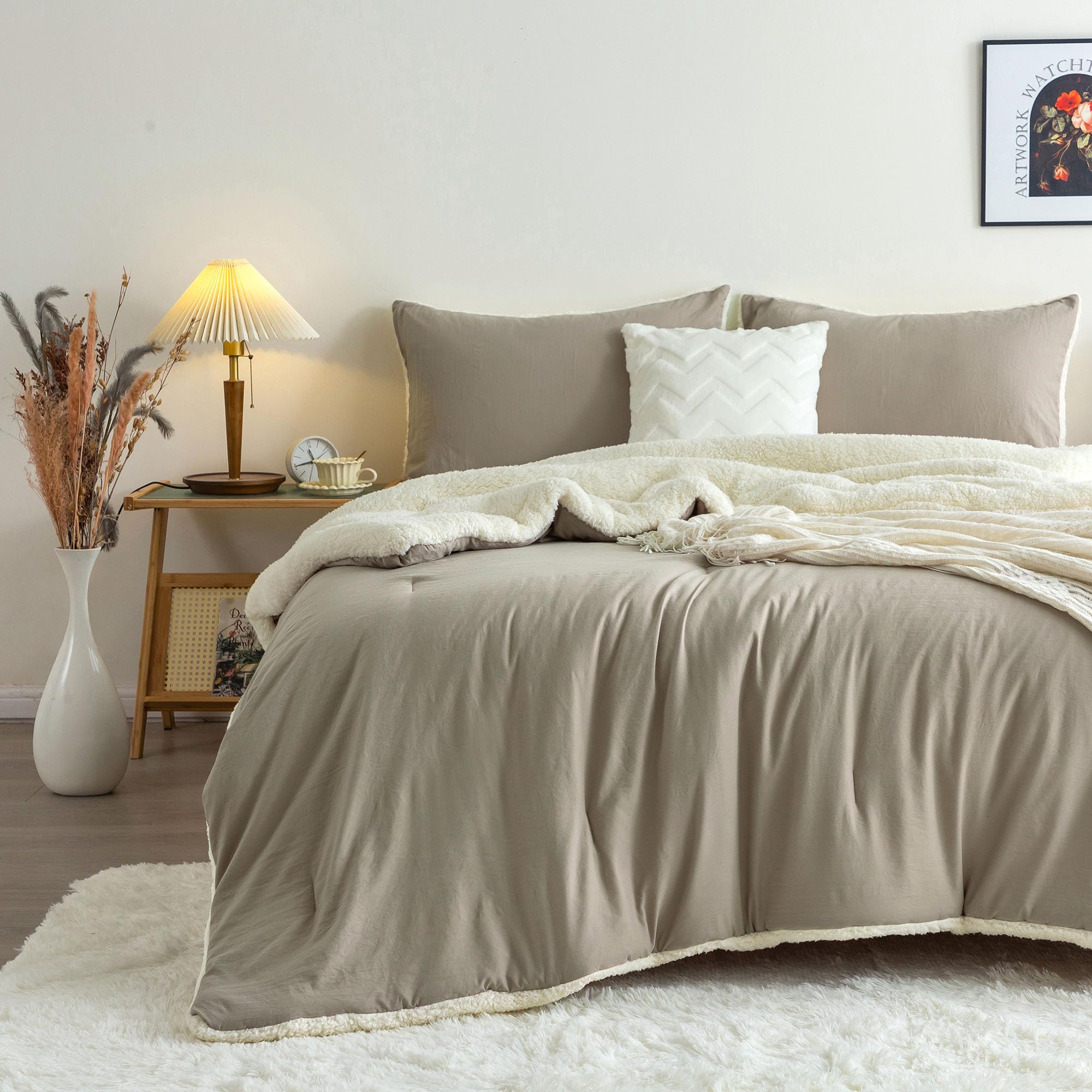 COTTEBED Reversible Sherpa Bed Comforter Queen Set - Lightweight But ...