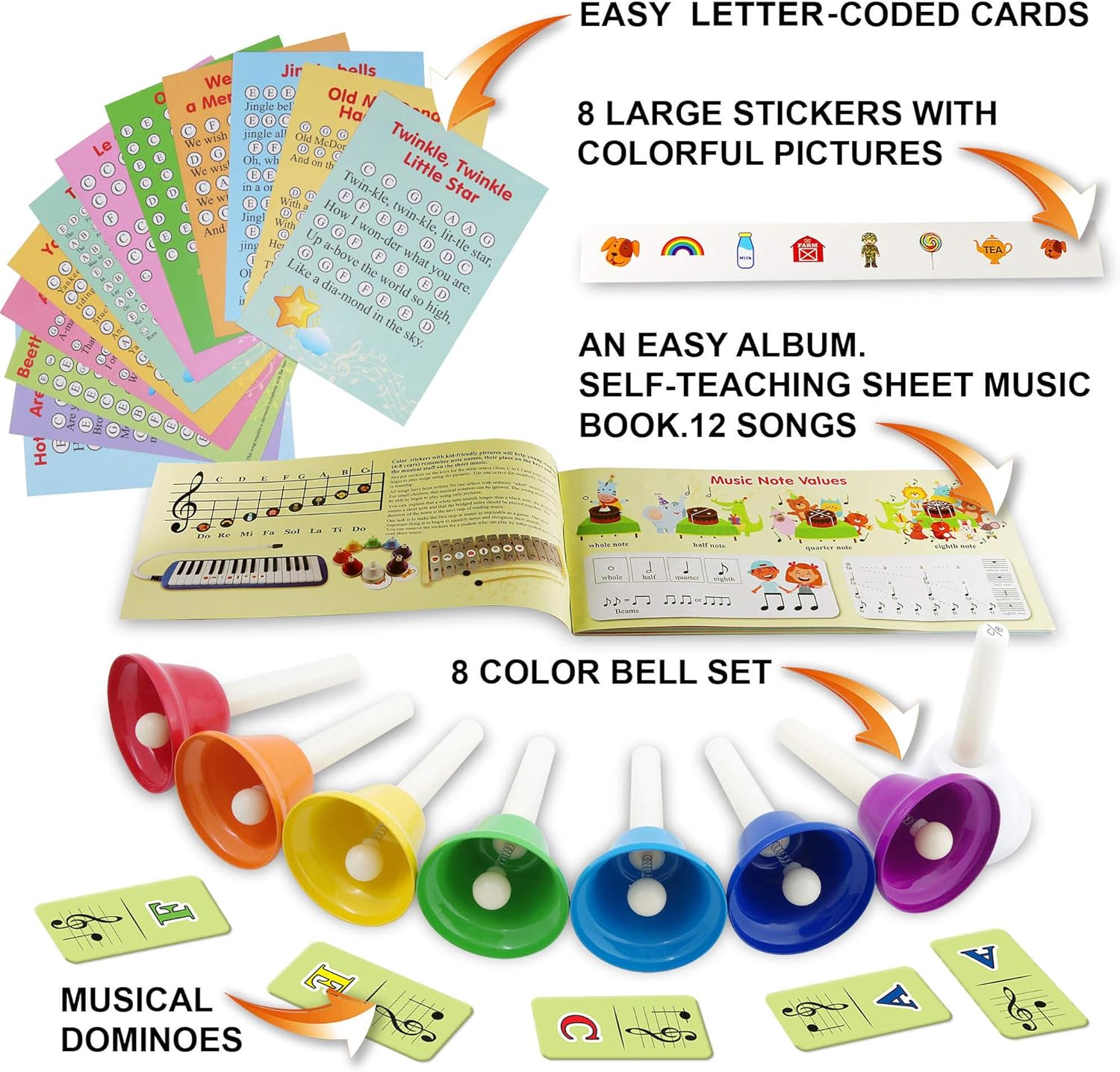 8 Diatonic Color-Coded HandBells with Sheet Music Booklet, Stickers ...