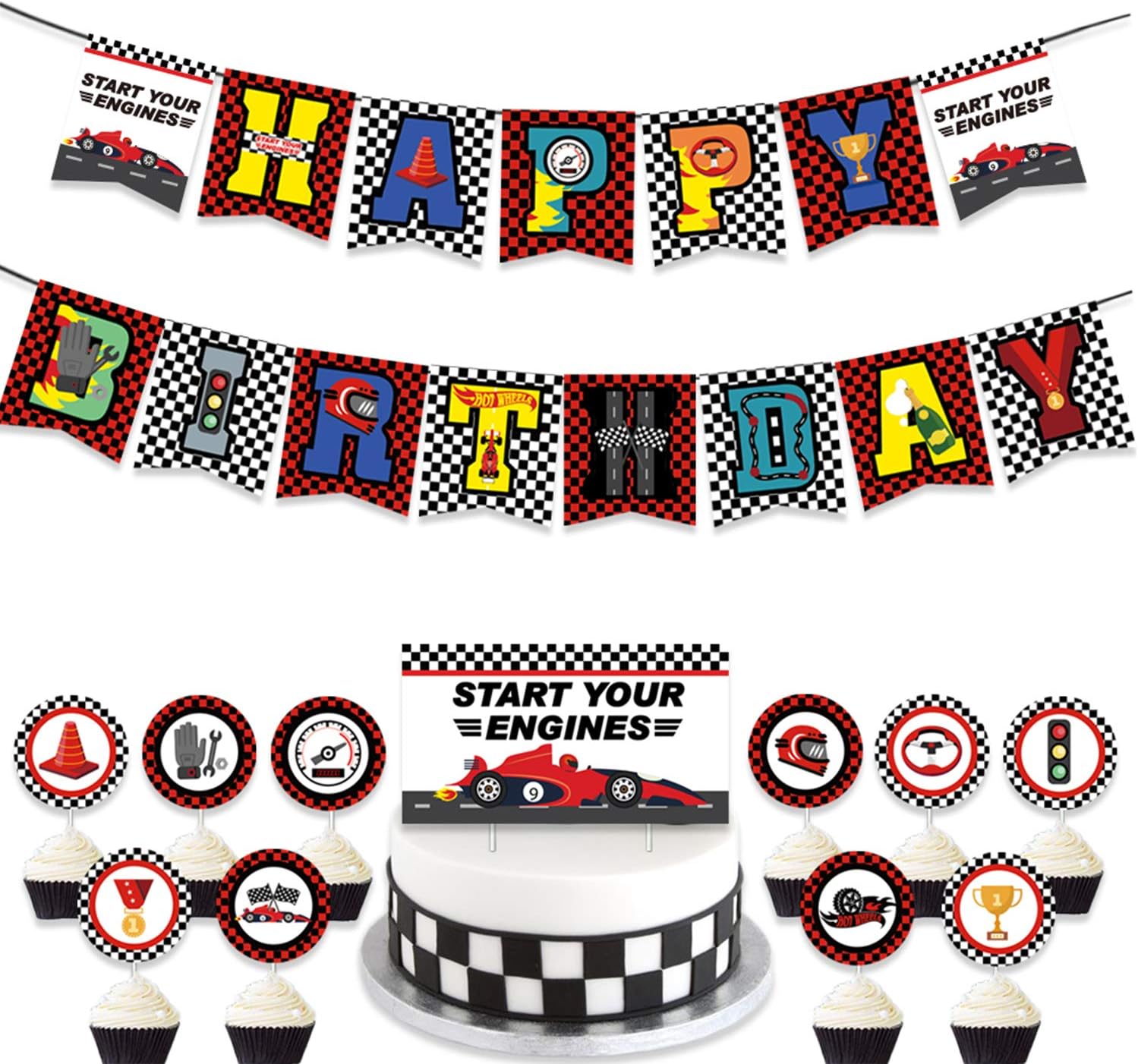 DWTECH Race Car Party Decorations Supplies Racing Party Banner Race Car Birthday Cake Topper ...