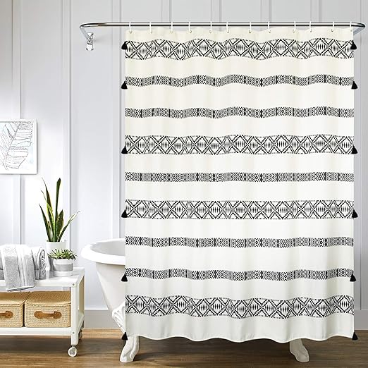 Uphome Fabric Boho Stall Shower Curtain Black and Cream Geometric Striped Tassel Shower Curtain ...