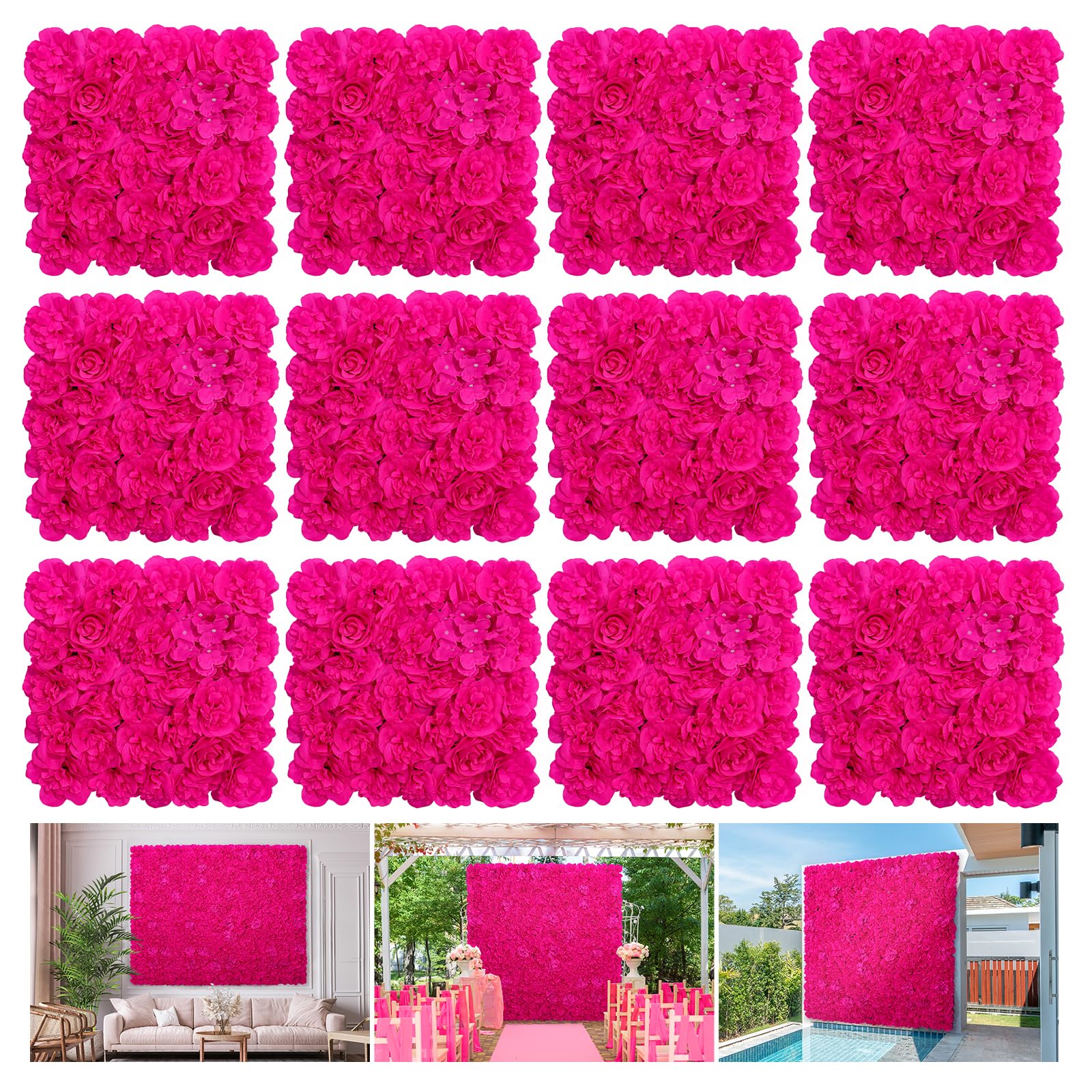 RIDDSEE Artificial Flower Wall Backdrop Panels Bright Pink -12packs 3D ...