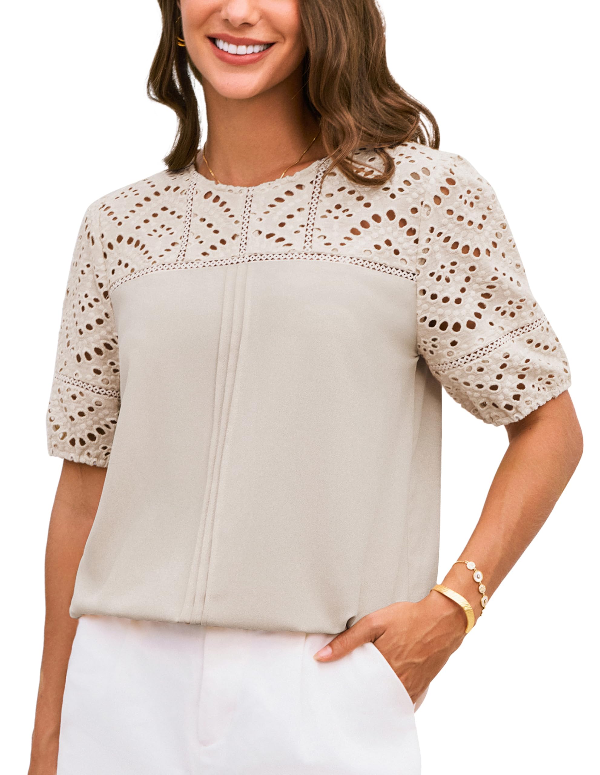 GRACE KARIN Women's 2025 Casual Tops Short Sleeve Eyelet Embroidered Summer Trendy Shirts ...