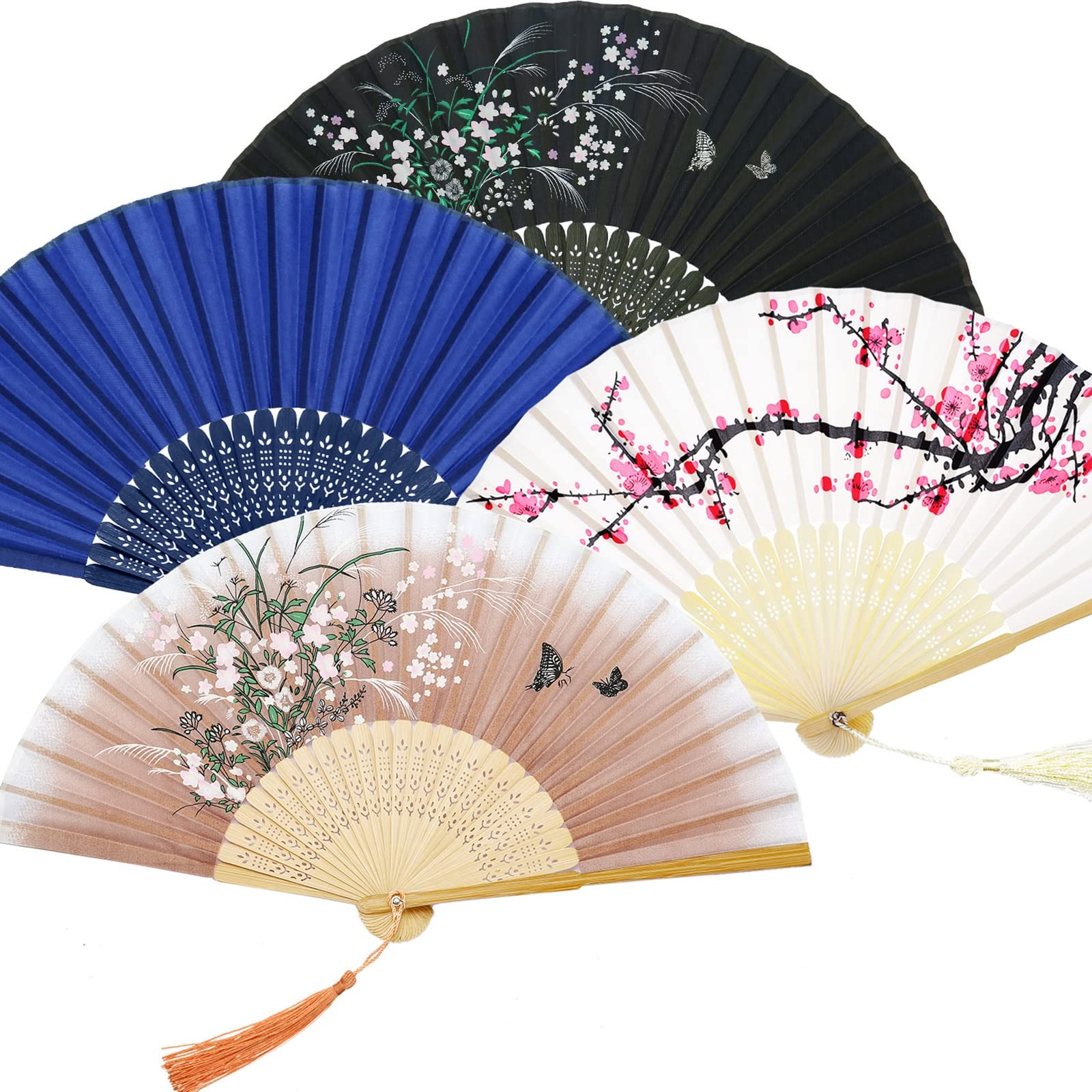 Zonon 4 Pack Handheld Floral Folding Fans Hand Held Silk Bamboo Fans ...
