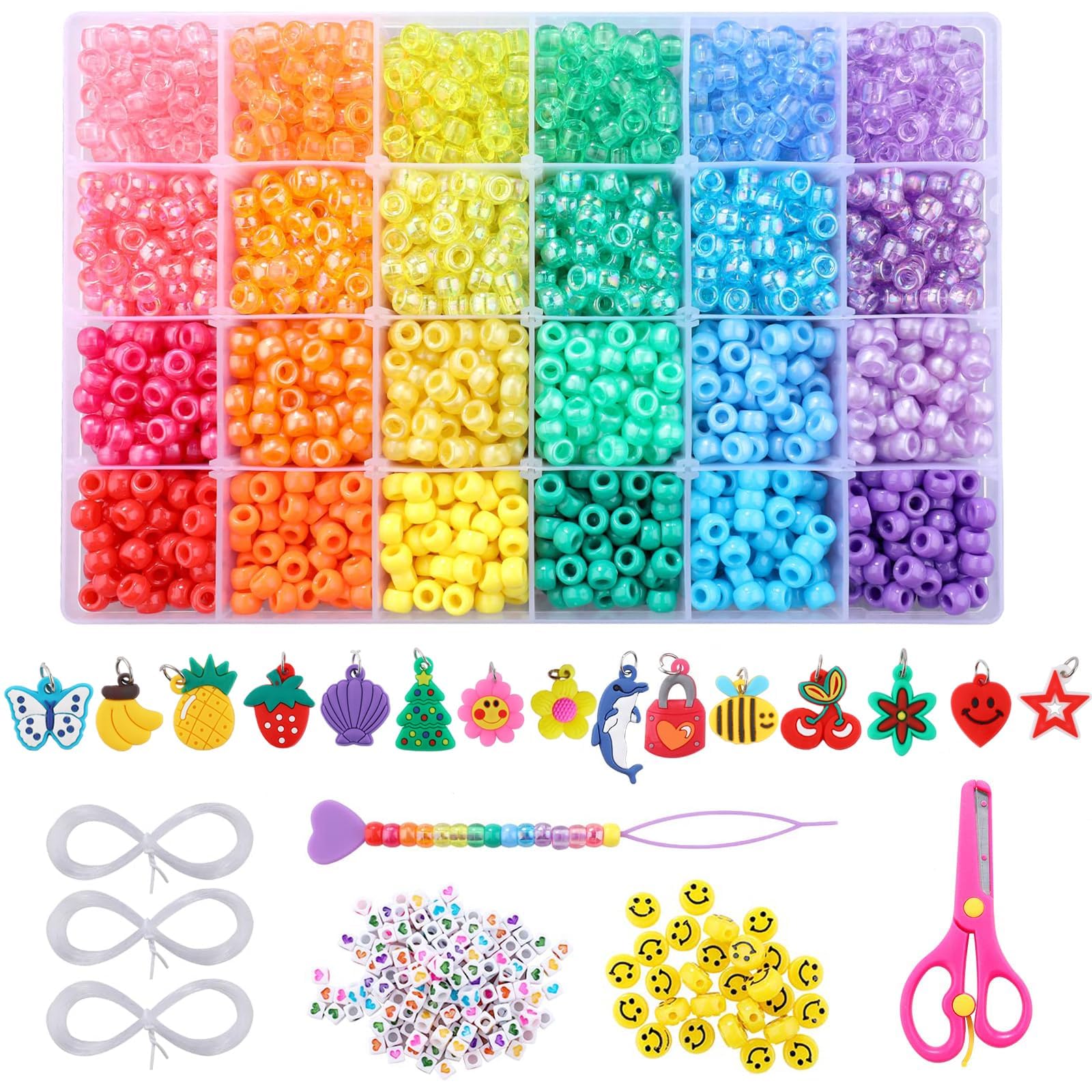 MAKERSLAND 3277+pcs Pony Beads Kit 24 Color Rainbow Plastic Pony Beads ...