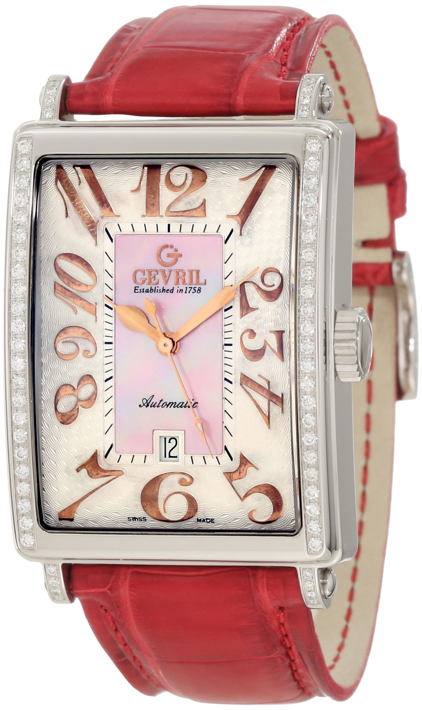 Gevril Glamour Womens Diamond Swiss Automatic Rectangle Pink Leather ...