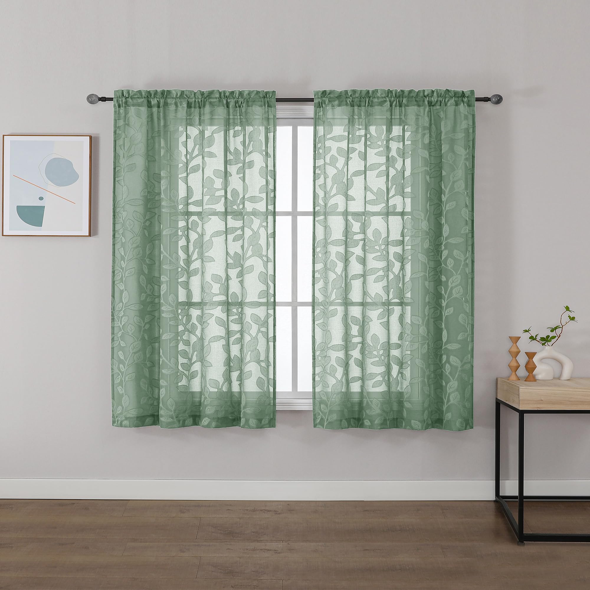 OVZME Sage Green Sheer Curtains 42 X 45 Inch Length 2 Panels, Semi Sheer Drapes Light Filtering ...