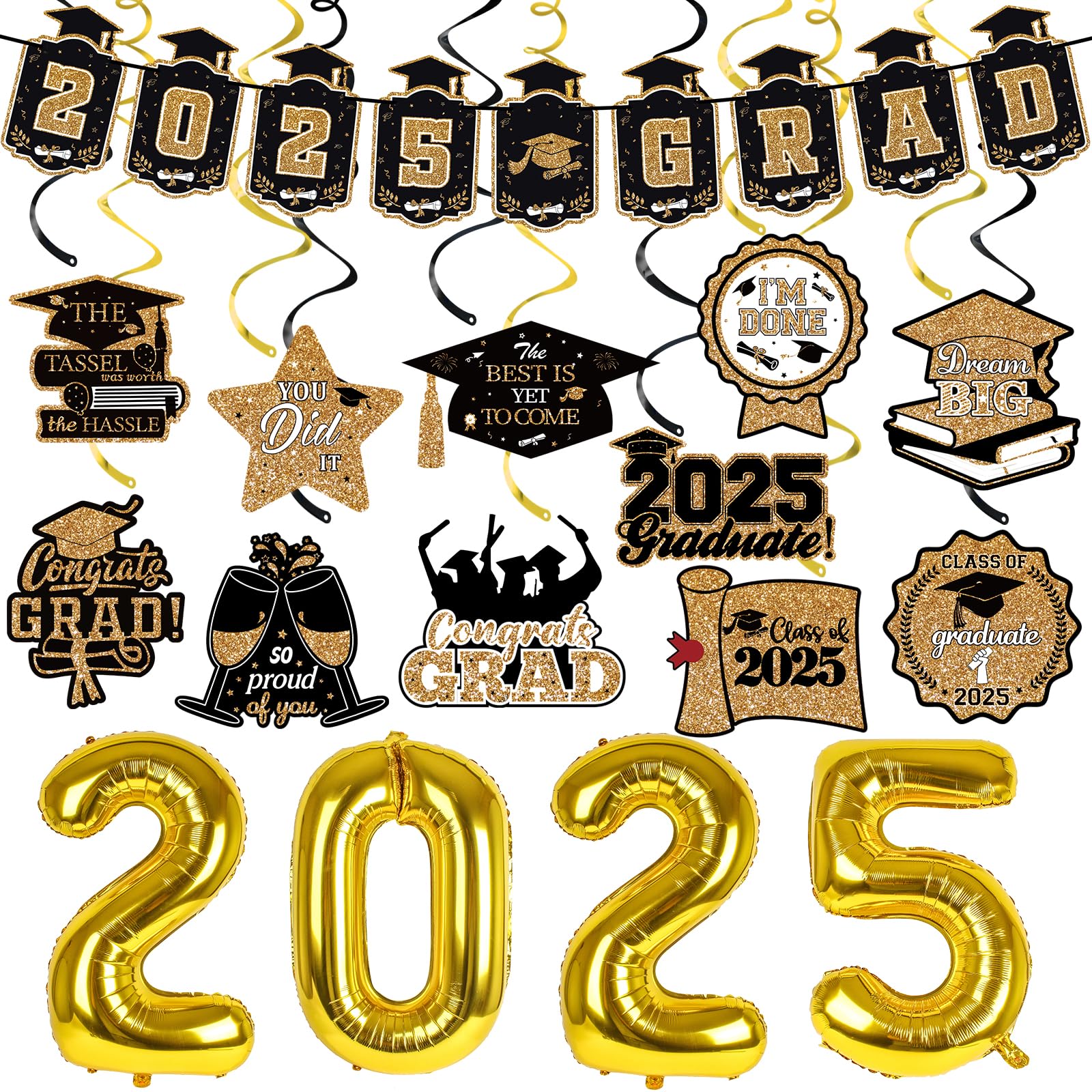 Black and Gold 2025 Graduation Decorations Set - 2025 Grad Banner, Grad ...