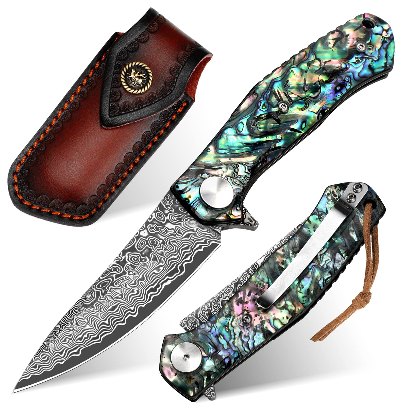 Benkey Damascus Pocket Knife with Clip Leather Sheath Sharp VG10 Core ...