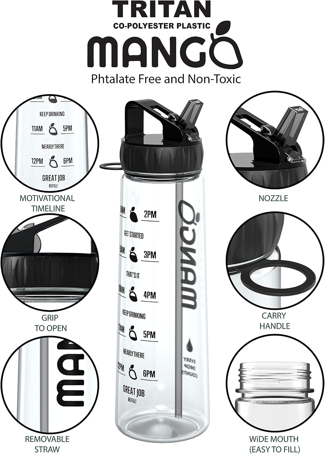 Mango Water Bottle With Straw – 900ml Motivational Time Markings – BPA ...