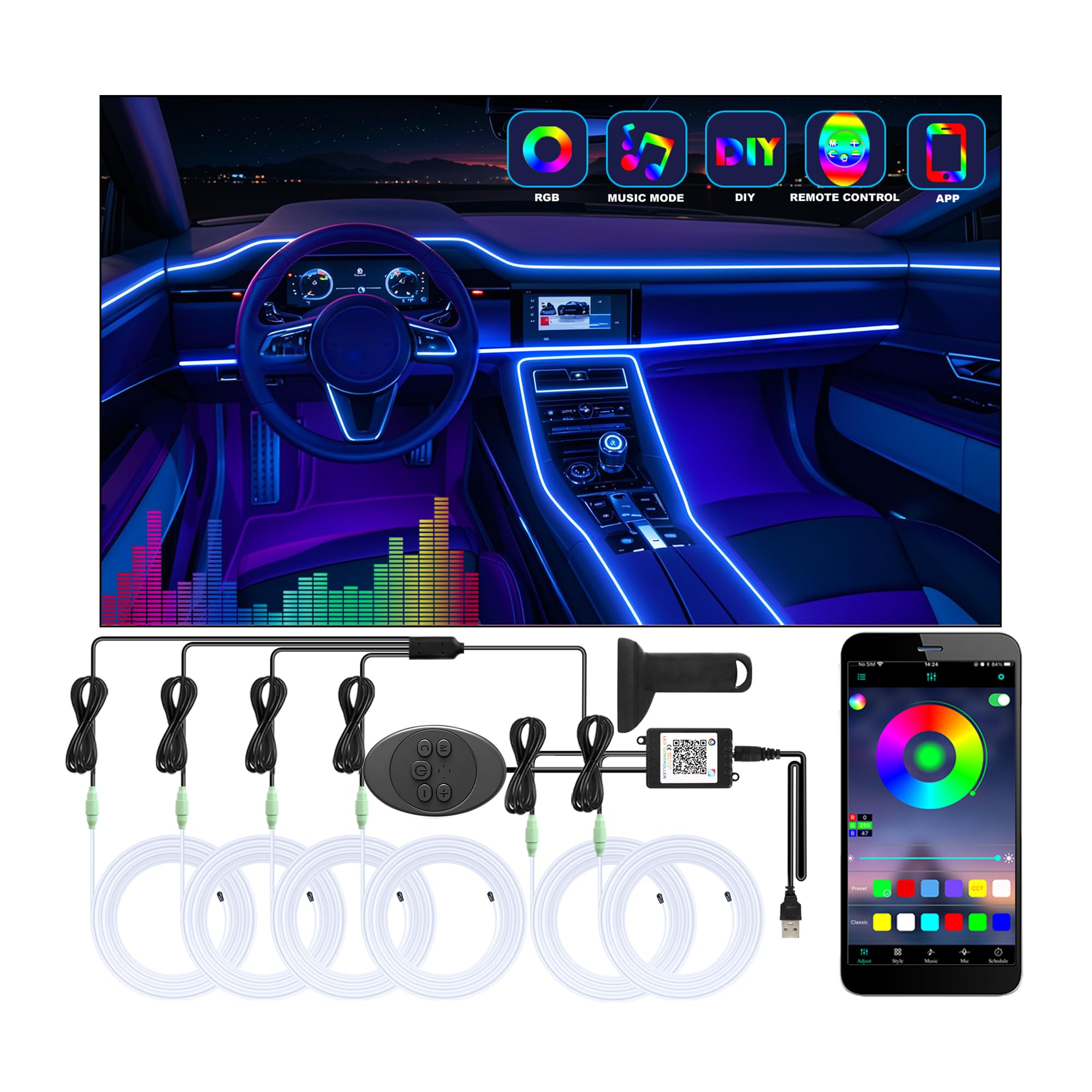 6 in 1 Car Led Strip Lights with App Control, RGB Colors Interior Car ...