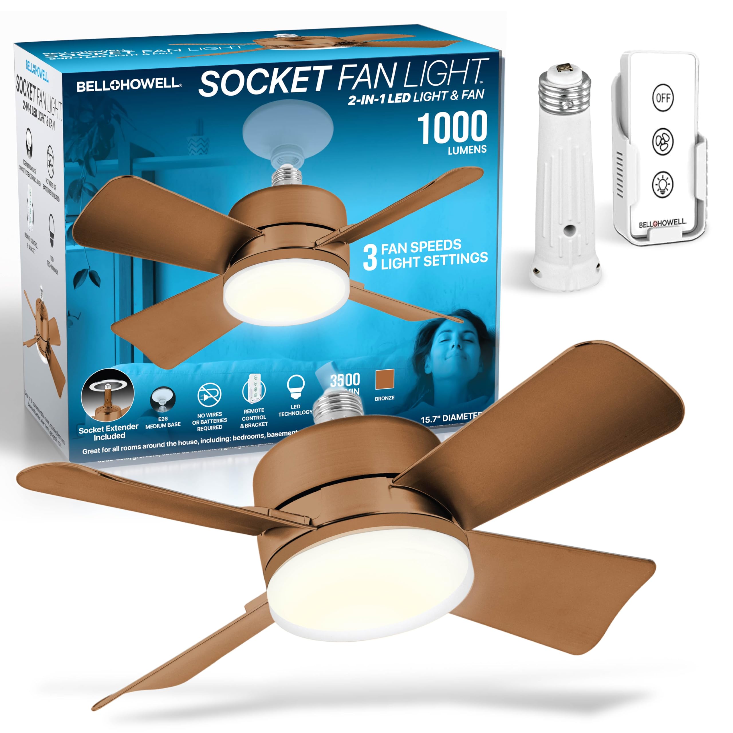Bell+Howell Socket Breeze Socket Fan Light with Remote, Portable Small ...