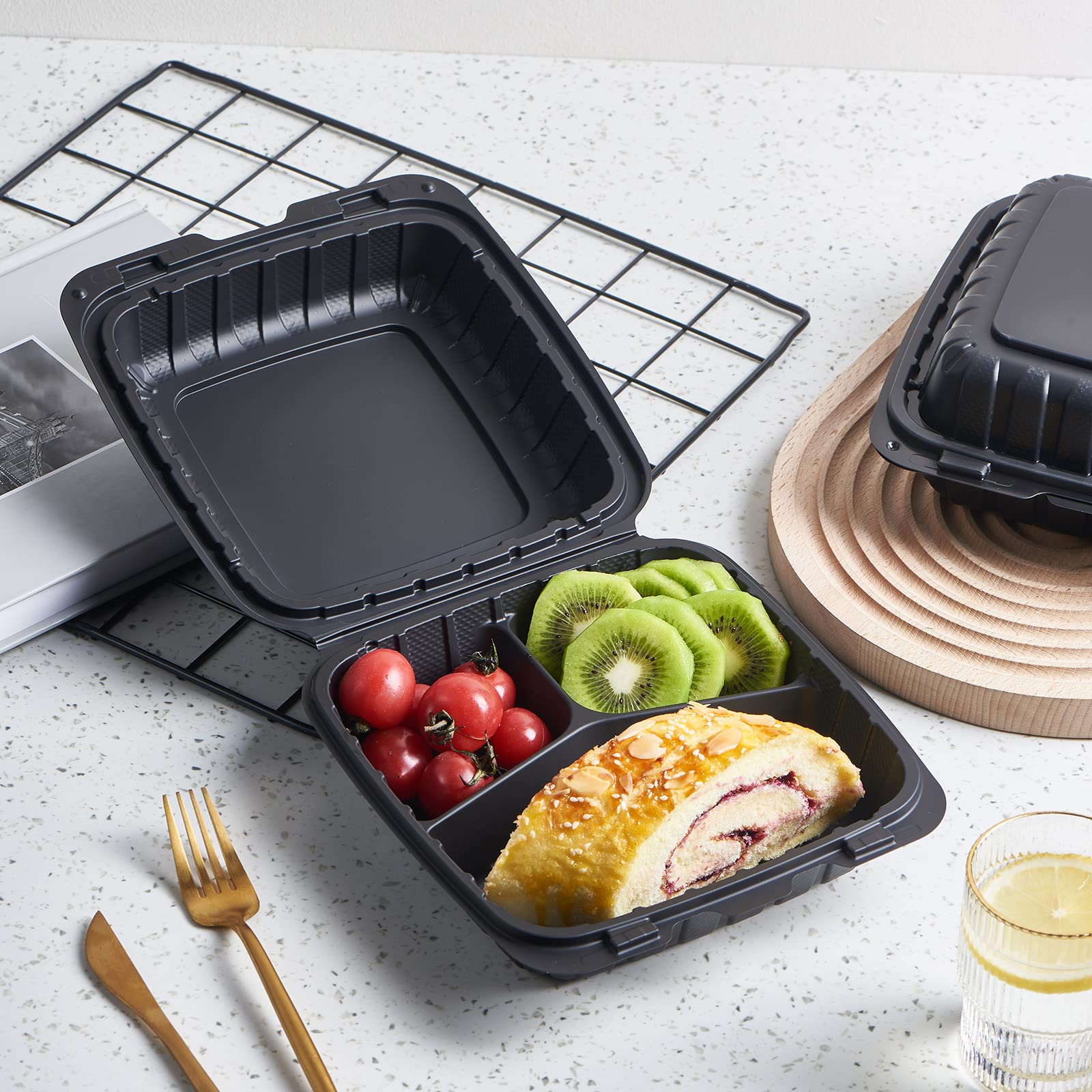 Mua 8X8" 3-Compartment 50-Pack Plastic Clamshell Takeout Food Trays ...
