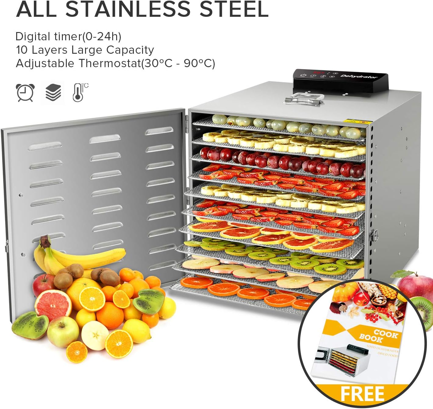 All Stainless Steel 10 Tray Food Dehydrator with 30-90°C Adjustable ...