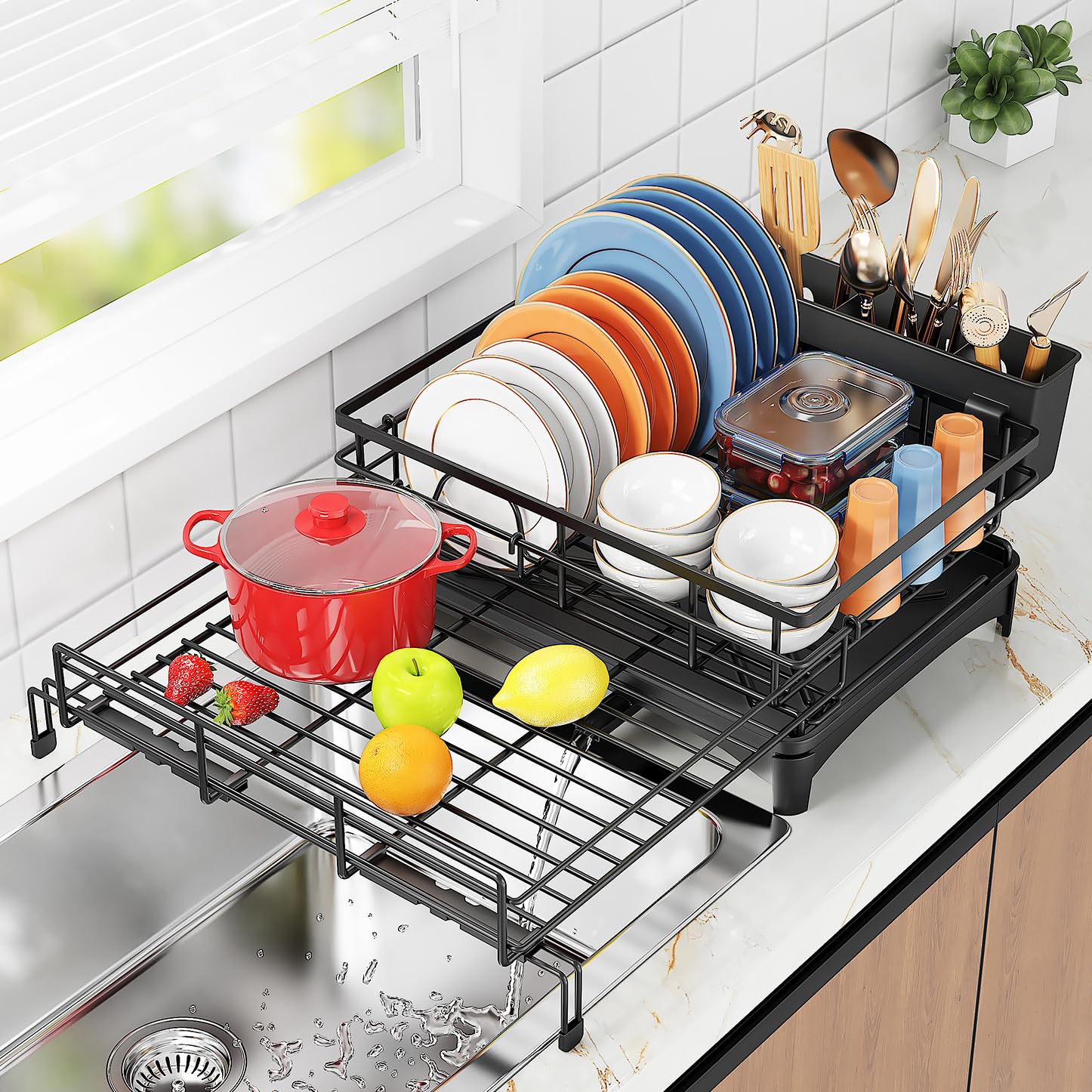 Large Dish Drying Rack,Extendable Dish Rack With Cutlery Holder, Anti ...