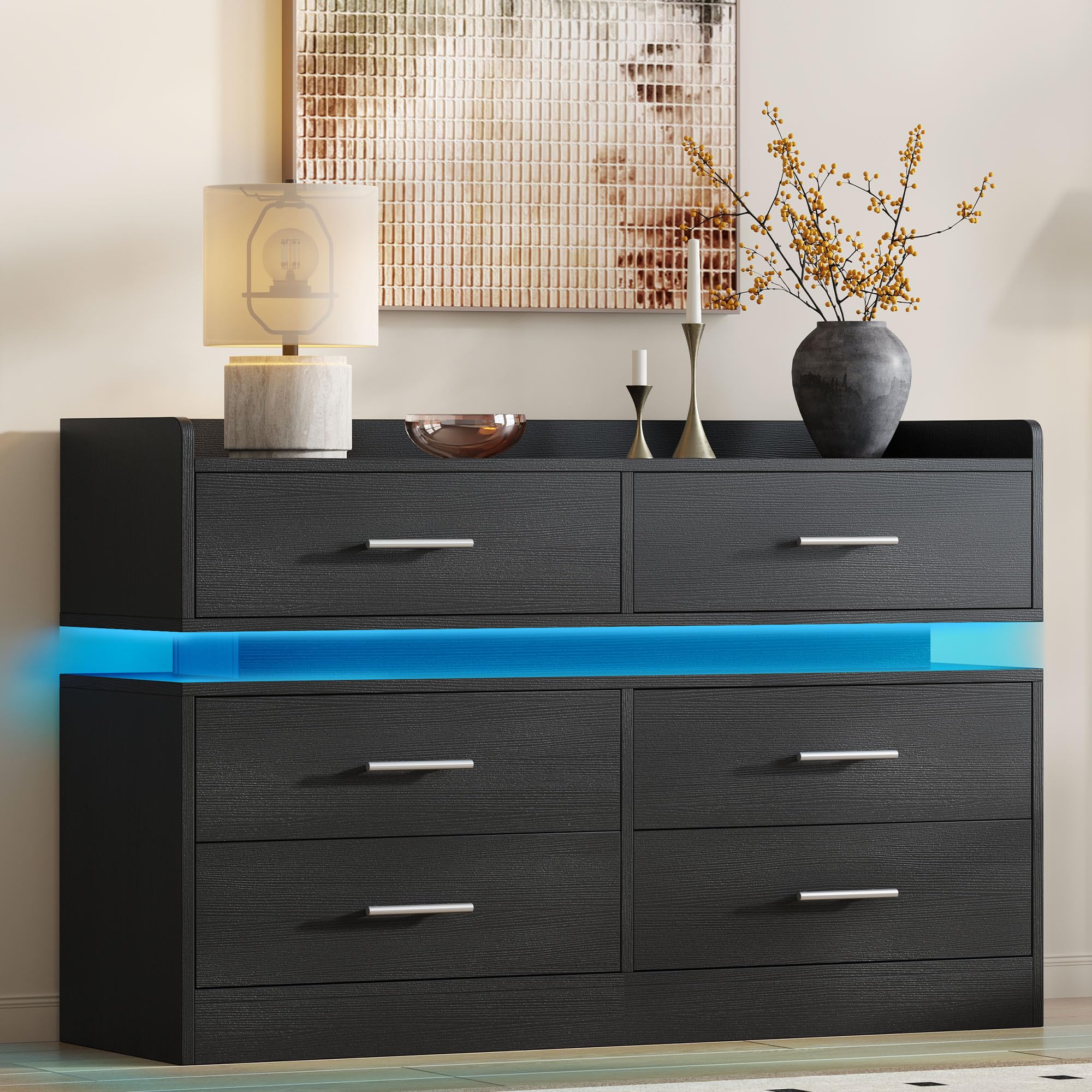 DWVO 6 Drawer Dresser with LED Light, Modern Dresser Chest of Drawers ...