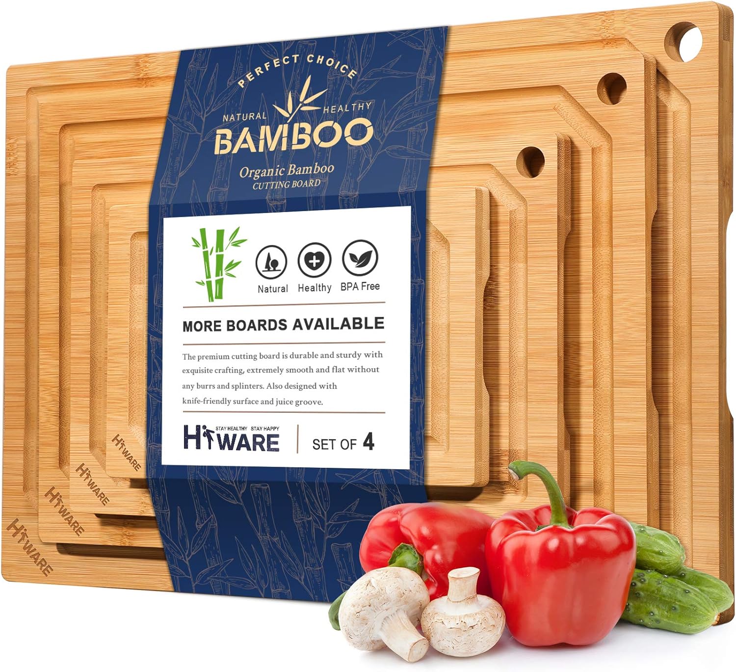 Amazon.com: Hiware 4-Piece Bamboo Cutting Boards for Kitchen, Heavy Duty Cutting Board with ...