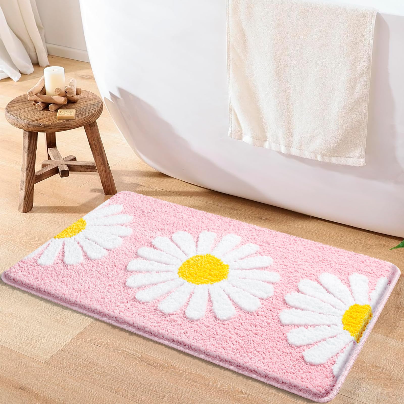 Sunhop Pink Bathroom Rugs, Cute Flower Daisy Bath Mat, Extra Soft and ...