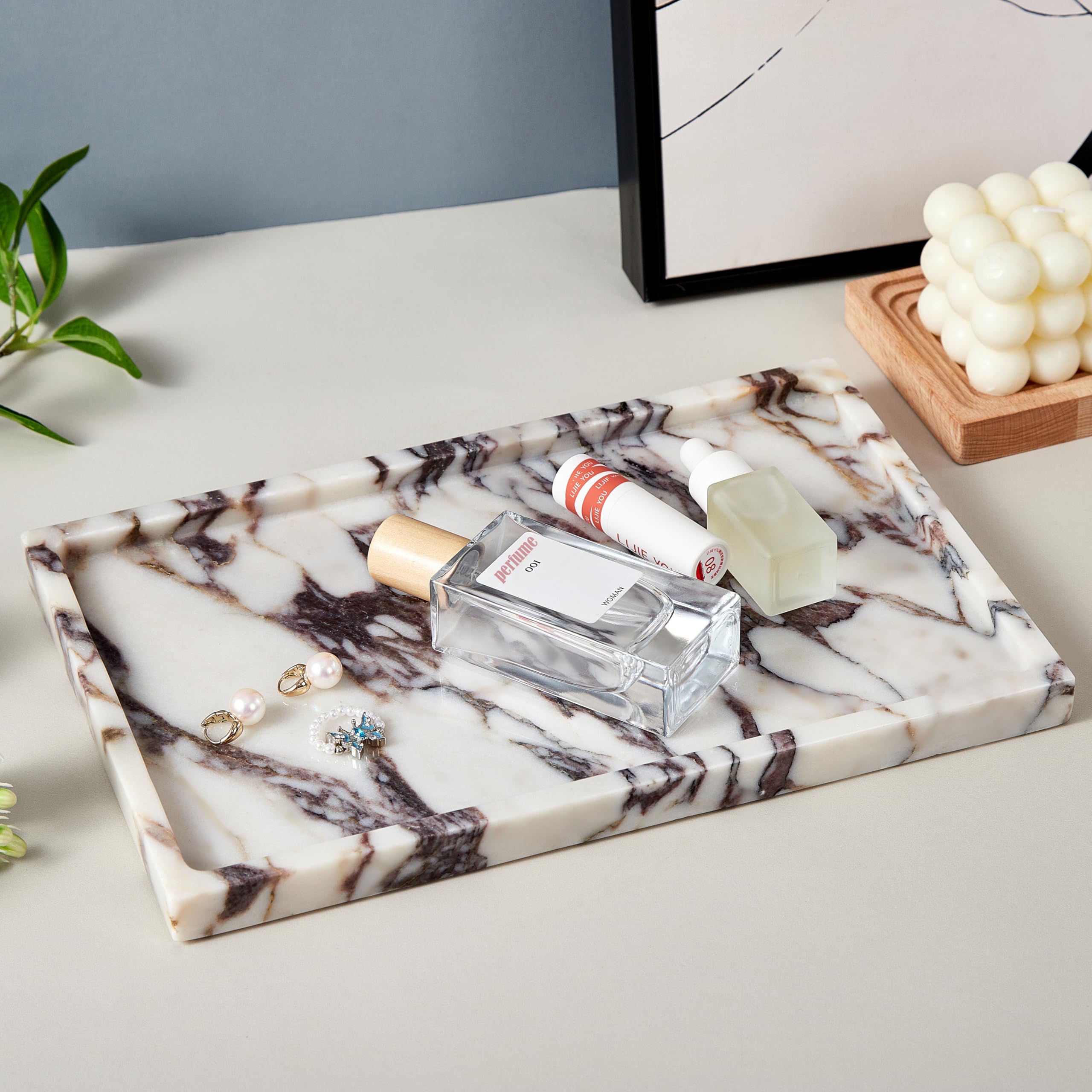 Denique Natural Marble Tray for Bathroom Countertop, Vanity Tray Stone ...