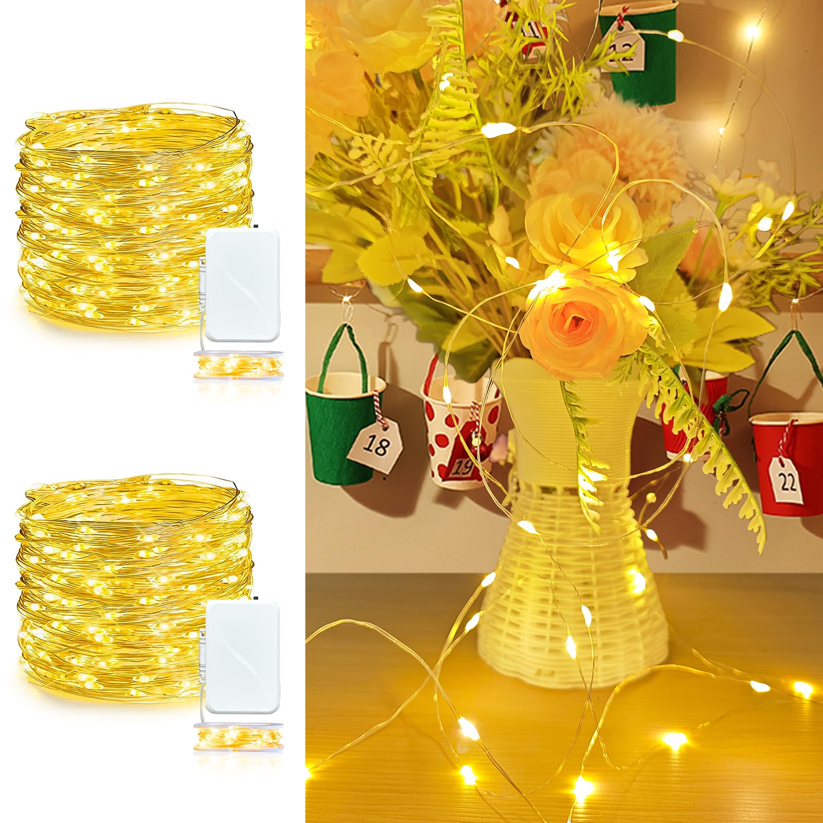 Aogist 2-Pack 16FT Fairy Lights with Spool,Ultra-Bright 50 LEDs Battery Operated Copper Wire ...