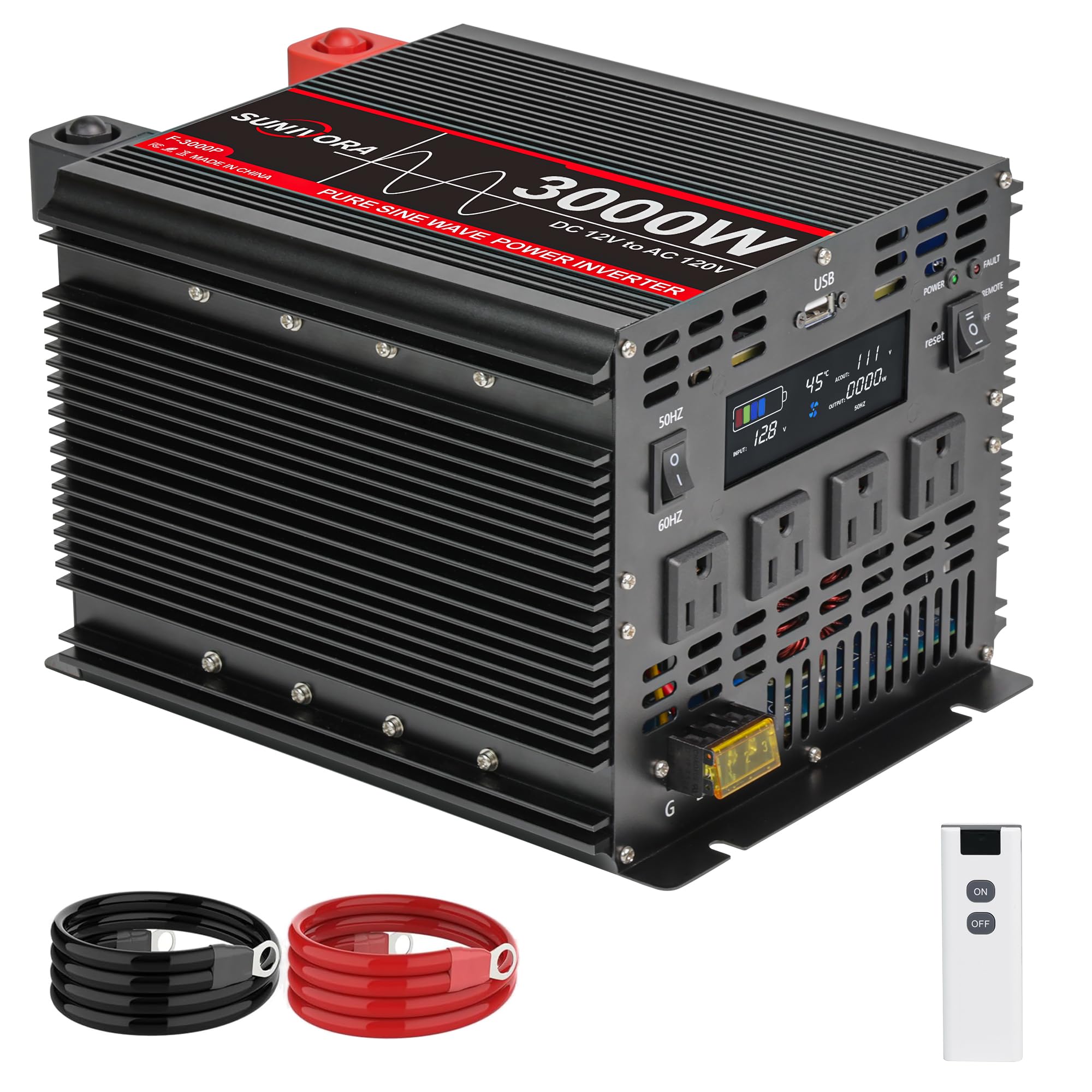 Sunivora 3000 Watt Pure Sine Wave Power Inverter with LCD 12V DC to 110V/120V AC Inverter Car ...