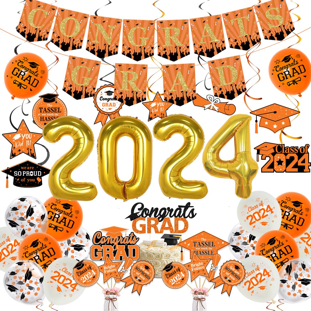 JOYMEMO Graduation Decorations 2024 Orange Black, Congrats Grad Banner ...