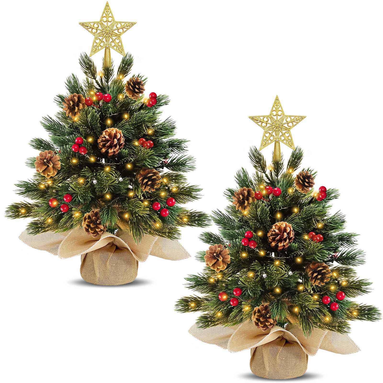 2 Pack 18 Inch Realistic-Feel PE Tabletop Christmas Tree 60 Warm Lights ...