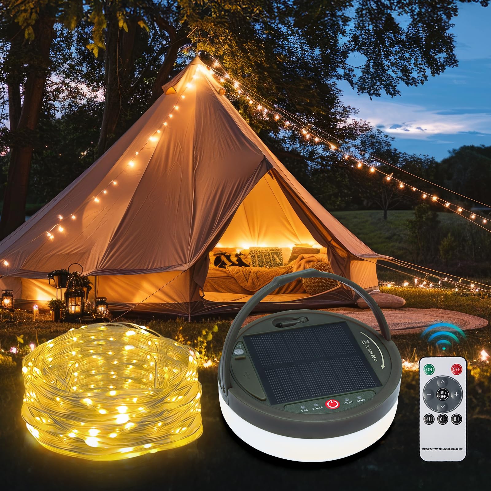 GHORA Solar Camping String Lights, 2 in 1 Solar Rechargeable Portable ...