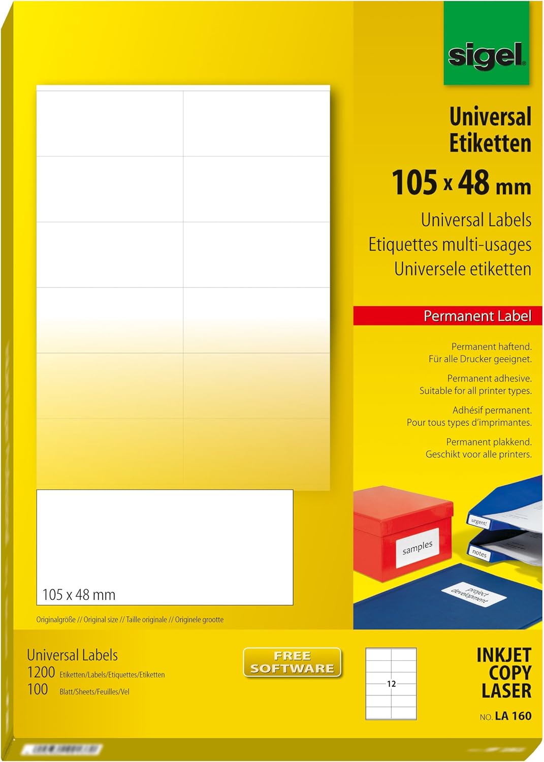 SIGEL LA160 Universal Permanent Labels, white, 10.5 x 4.8 cm, 1200 lbl ...