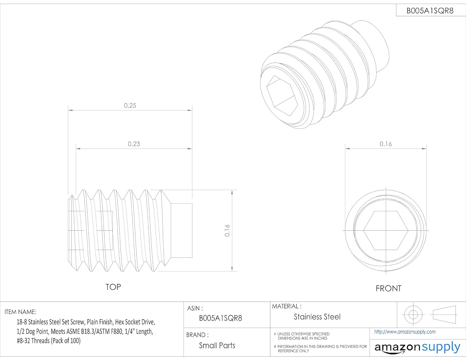 Pack of 100 1/8 Length Meets ASME B18.3/ASTM F880 18-8 Stainless Steel ...
