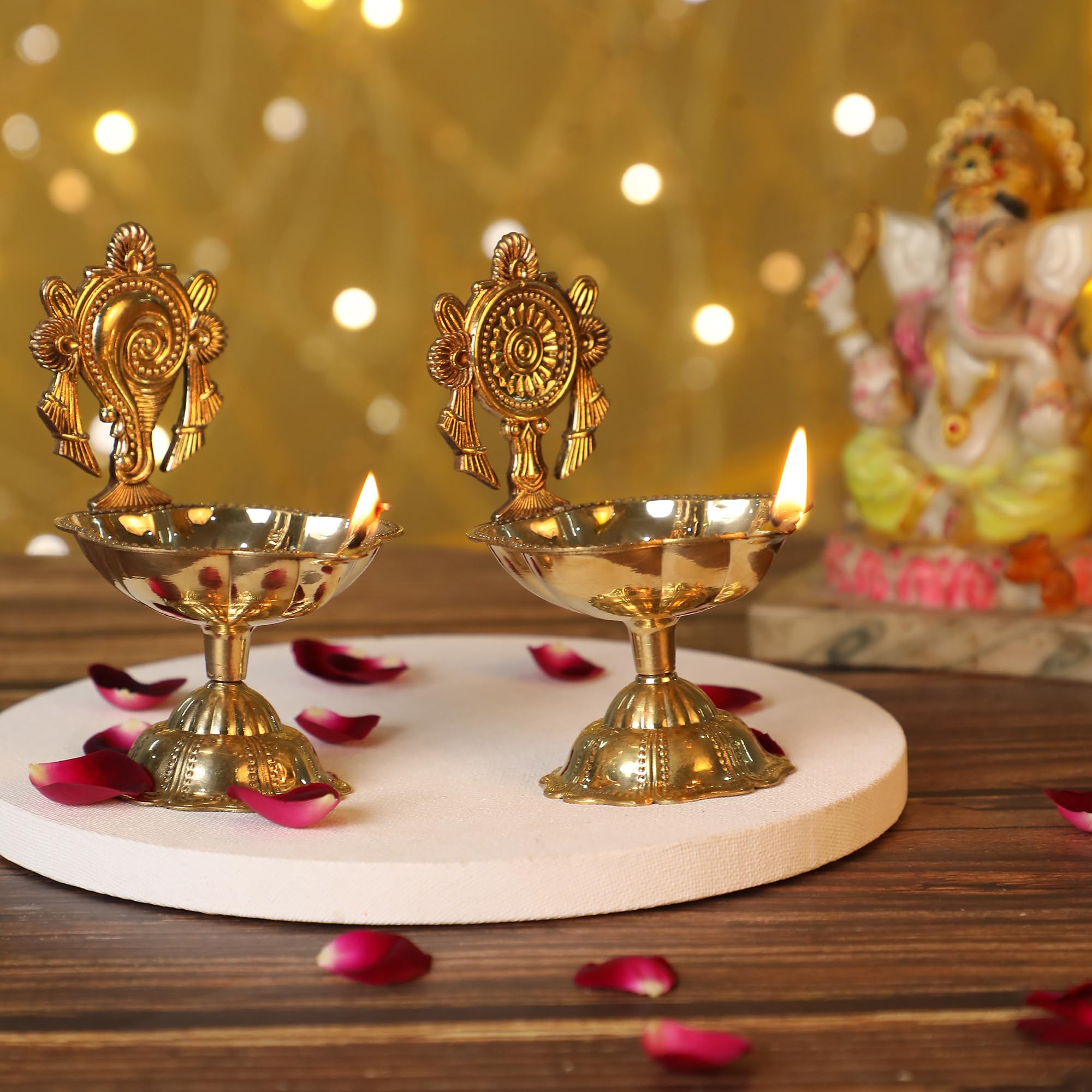 4our Faith Brass Shankh and Chakra Diya for Puja Aarti Shankha Chakra ...
