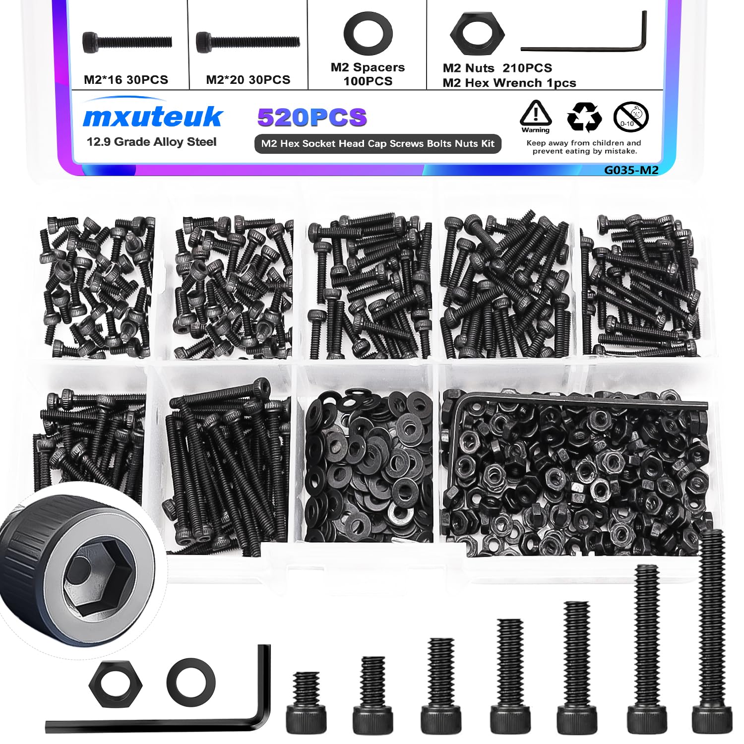mxuteuk M2 Screws Assortment,M2 x 4/6/8/10/12/16/20mm Hex Socket Head ...