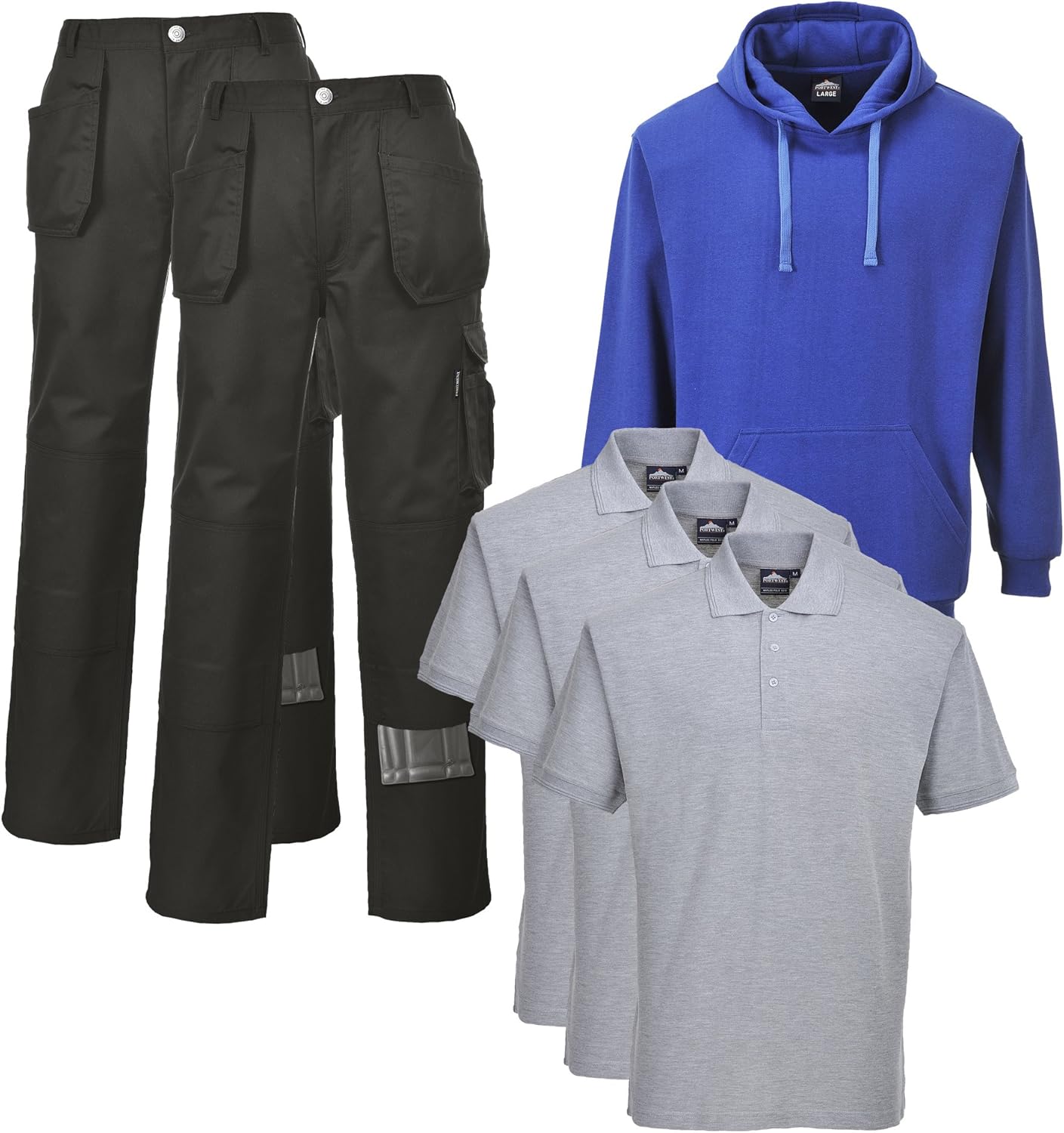 Workwear Bundle - Hoodie, 3 Polos and 2 Pairs of Work Trousers Black ...