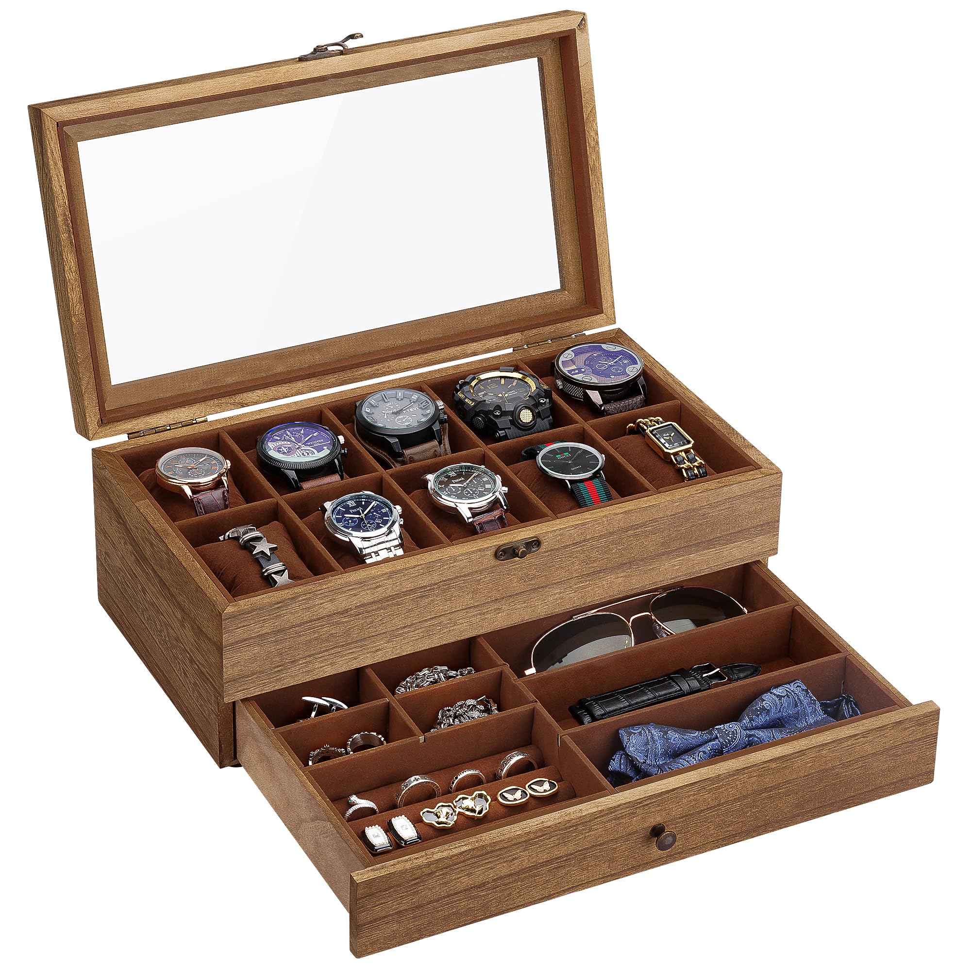 Somduy Wooden Watch Box with 10 Slots, 2-Tier Watch Display Case for ...