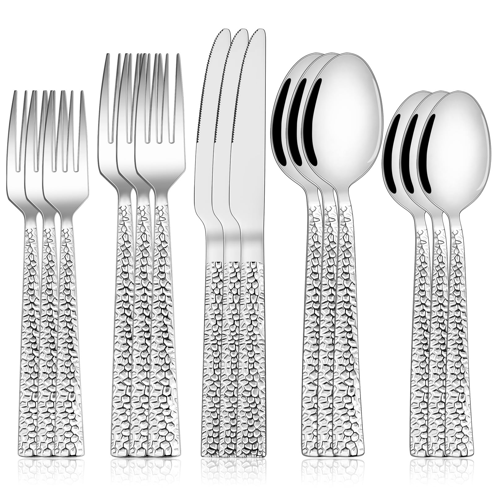60-Piece Hammered Silverware Set, Stainless Steel Square Flatware Set ...