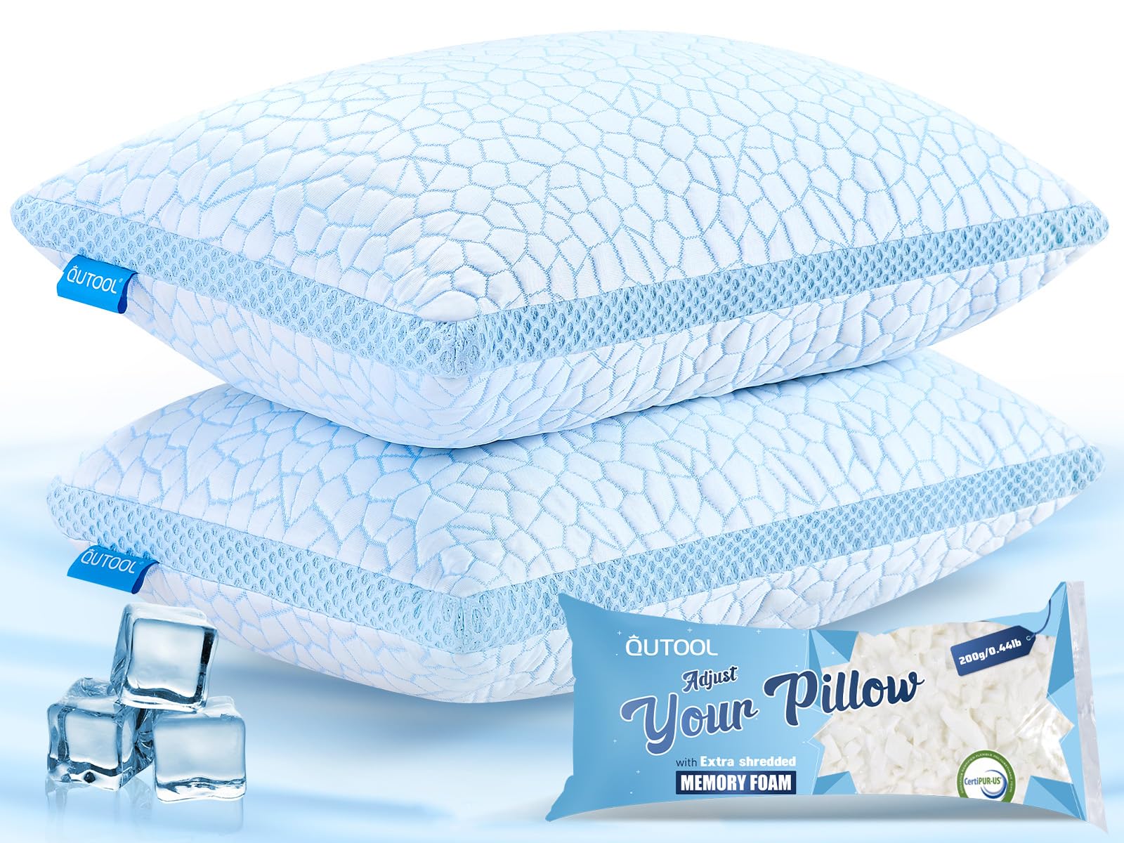 QUTOOL Double Sided Cooling Pillow for Hot Sleepers, Shredded Memory Foam Pillows Standard Size ...