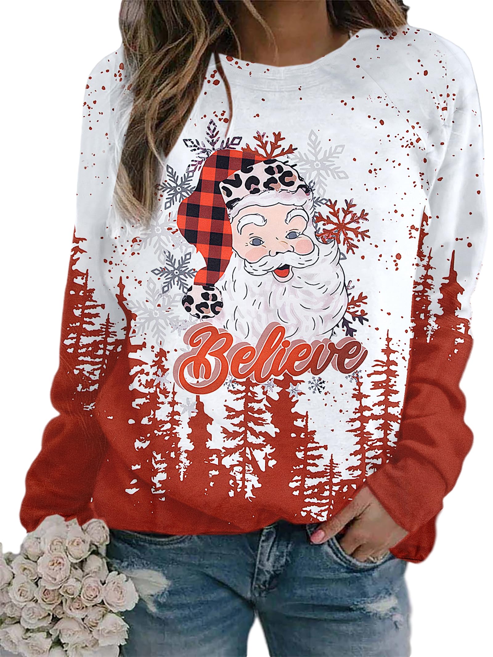 LRG ASTANFY Christmas Believe Sweatshirt Women Santa Claus Leopard ...