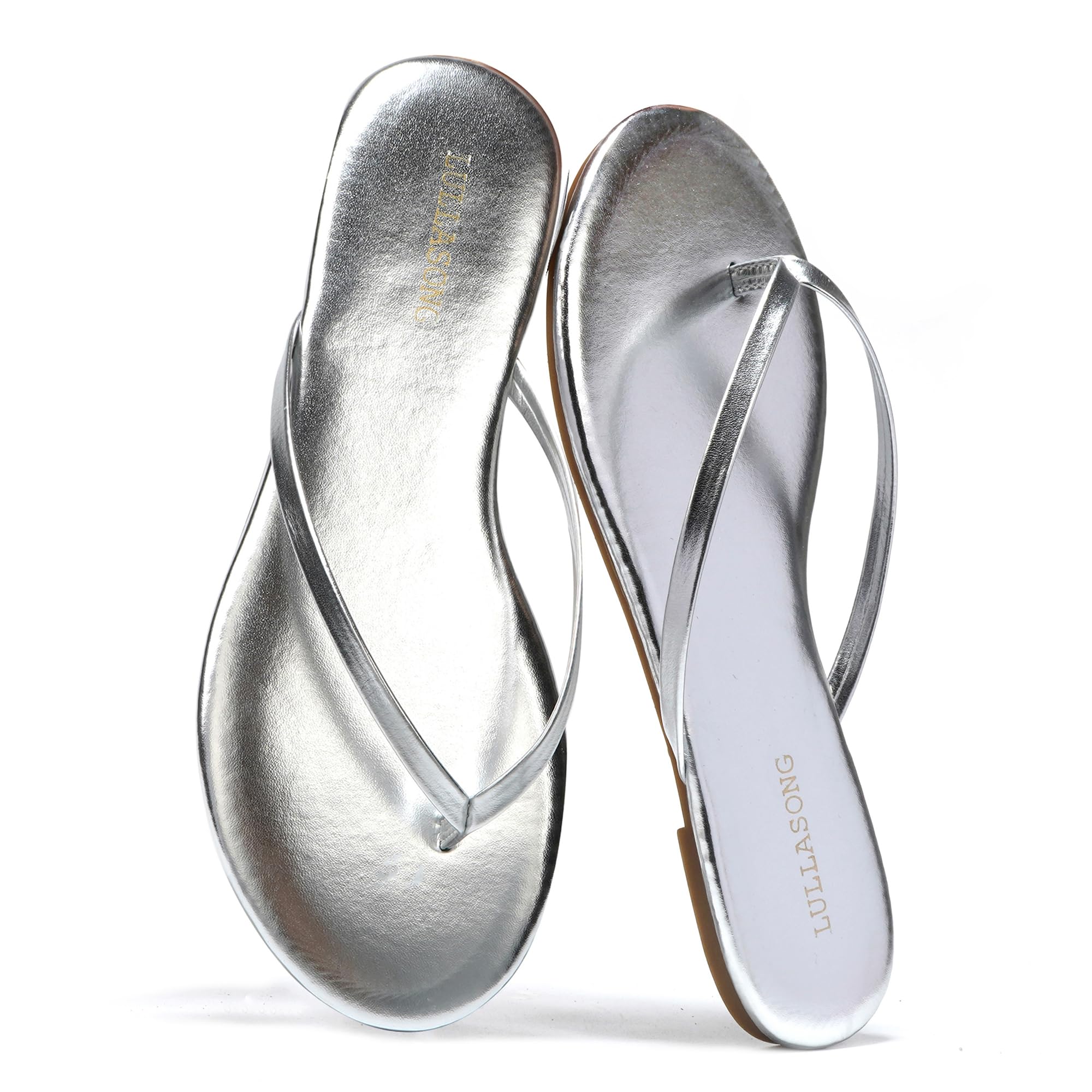 LULLASONG Silver Flip Flops For Women Comfortable Round Toe Beach ...