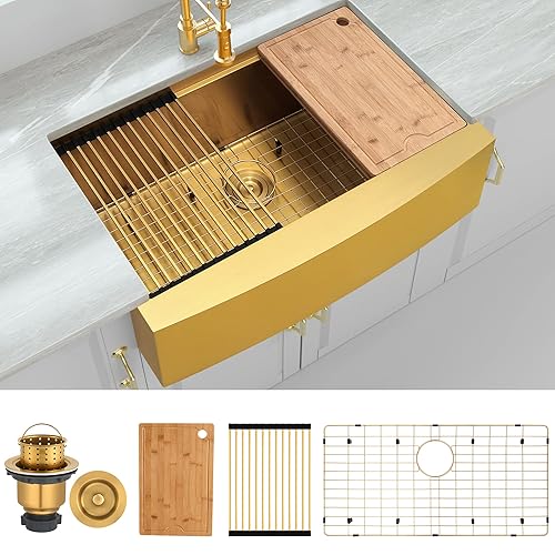MONSINTA 33 Inch Gold Farmhouse Sink, 16 Gauge Deep Kitchen Sink ...