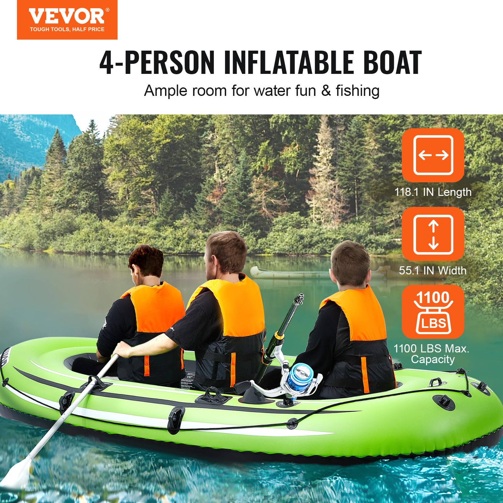 VEVOR Inflatable Boat, 4-Person Inflatable Fishing Boat, Strong PVC ...