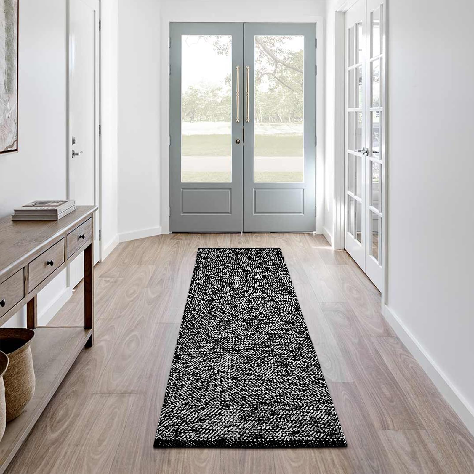 LEEVAN Washable Runner - 2'x5', Black Hallway Runner, Hand-Woven Reversible Entryway Rug, Cotton ...