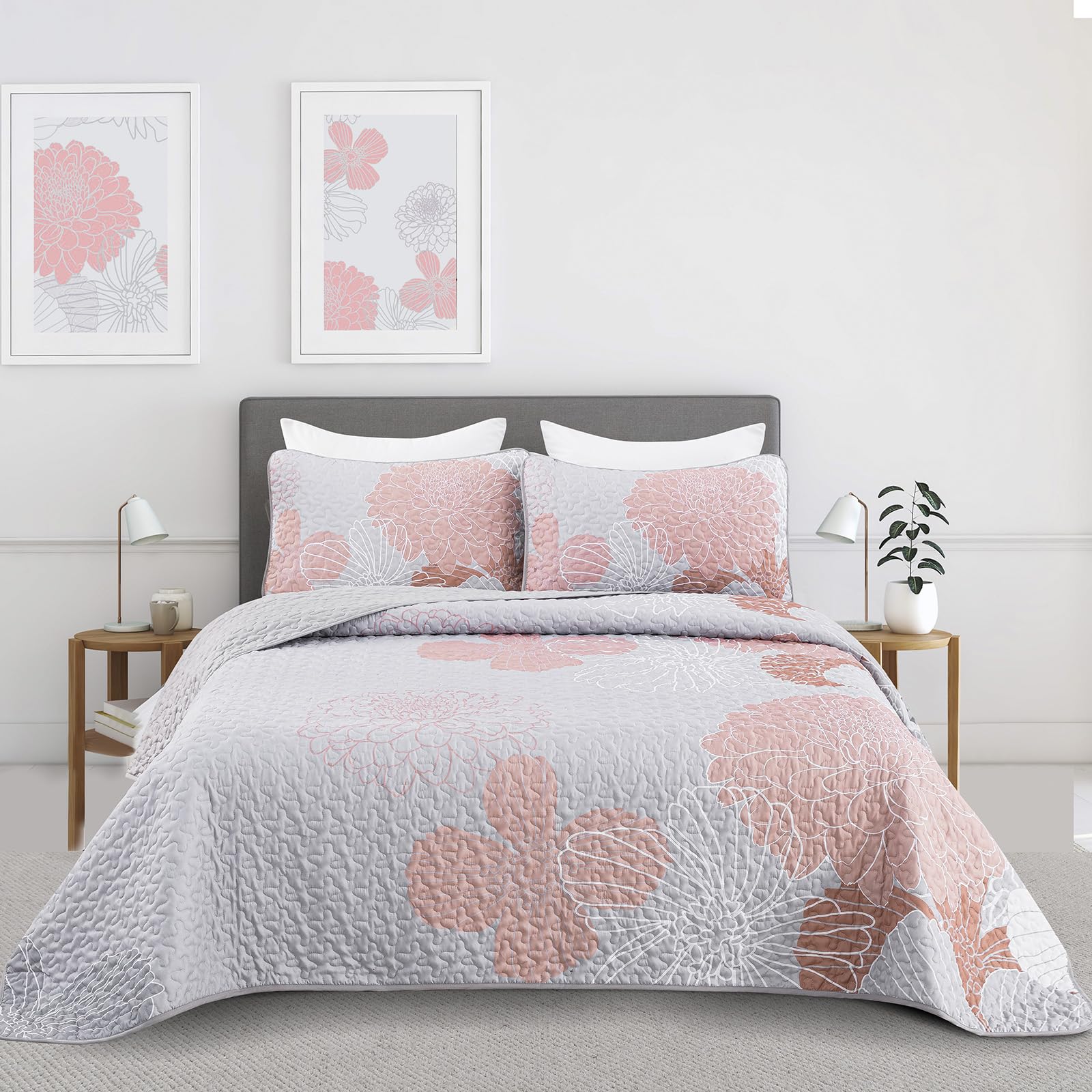 Pink Floral Quilt Set King Size 3 Piece Blush Flower Quilt Bedspreads ...
