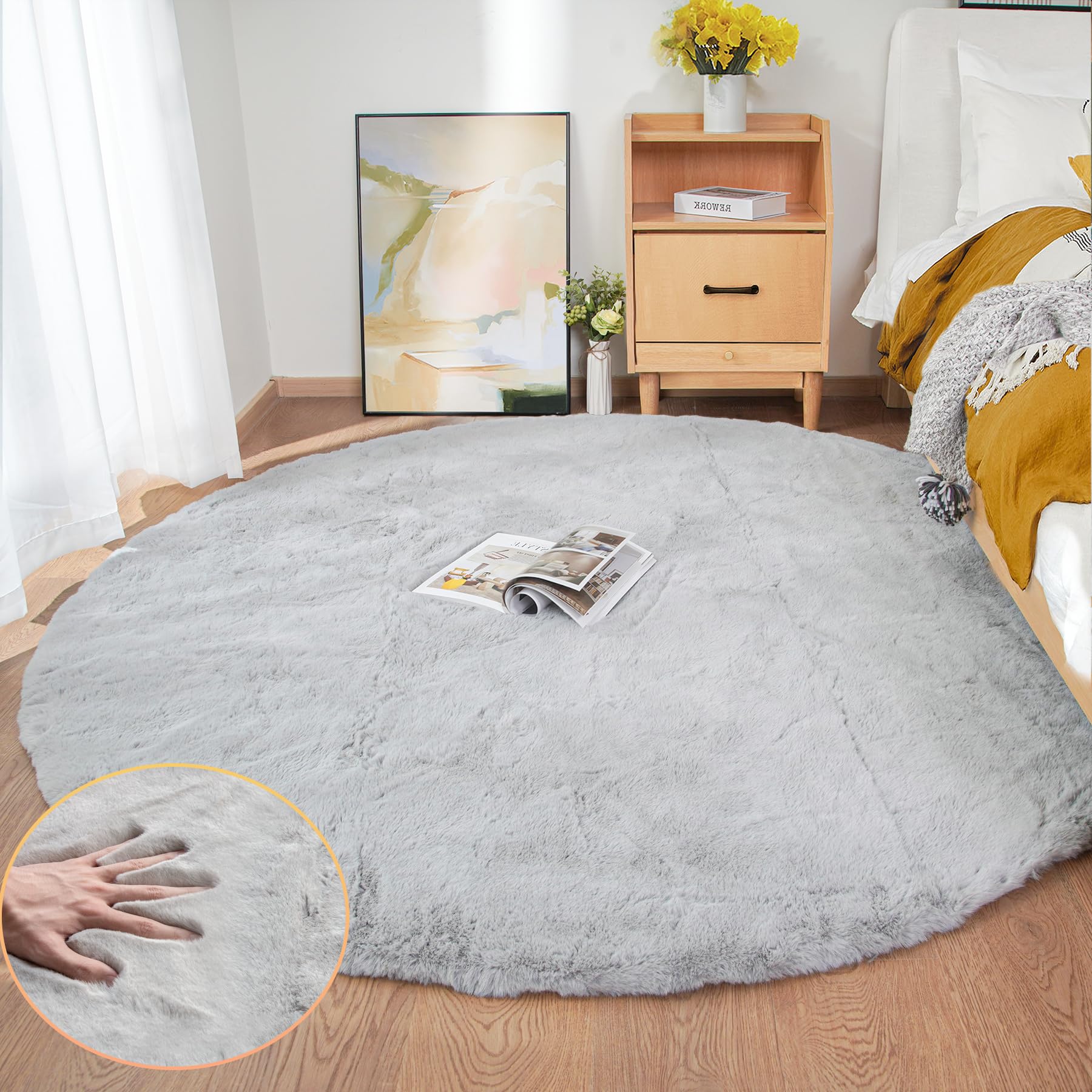 ORINOVA Grey Washable Fluffy Round Rugs 6ft Faux Bunny Fur Rugs for ...