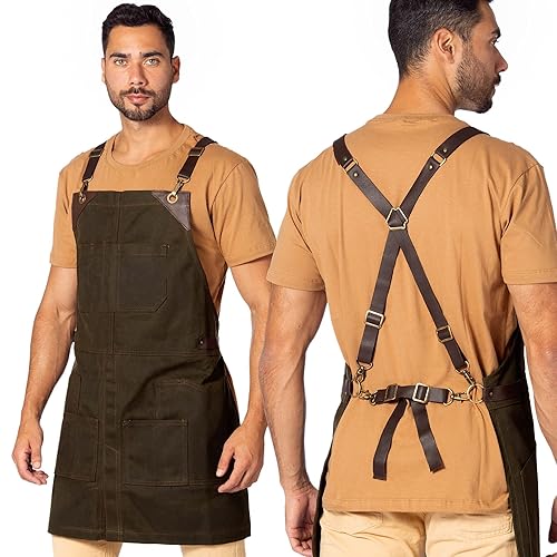 Under NY Sky Cargo Green Apron – Cross-Back with Leather Straps, Heavy ...