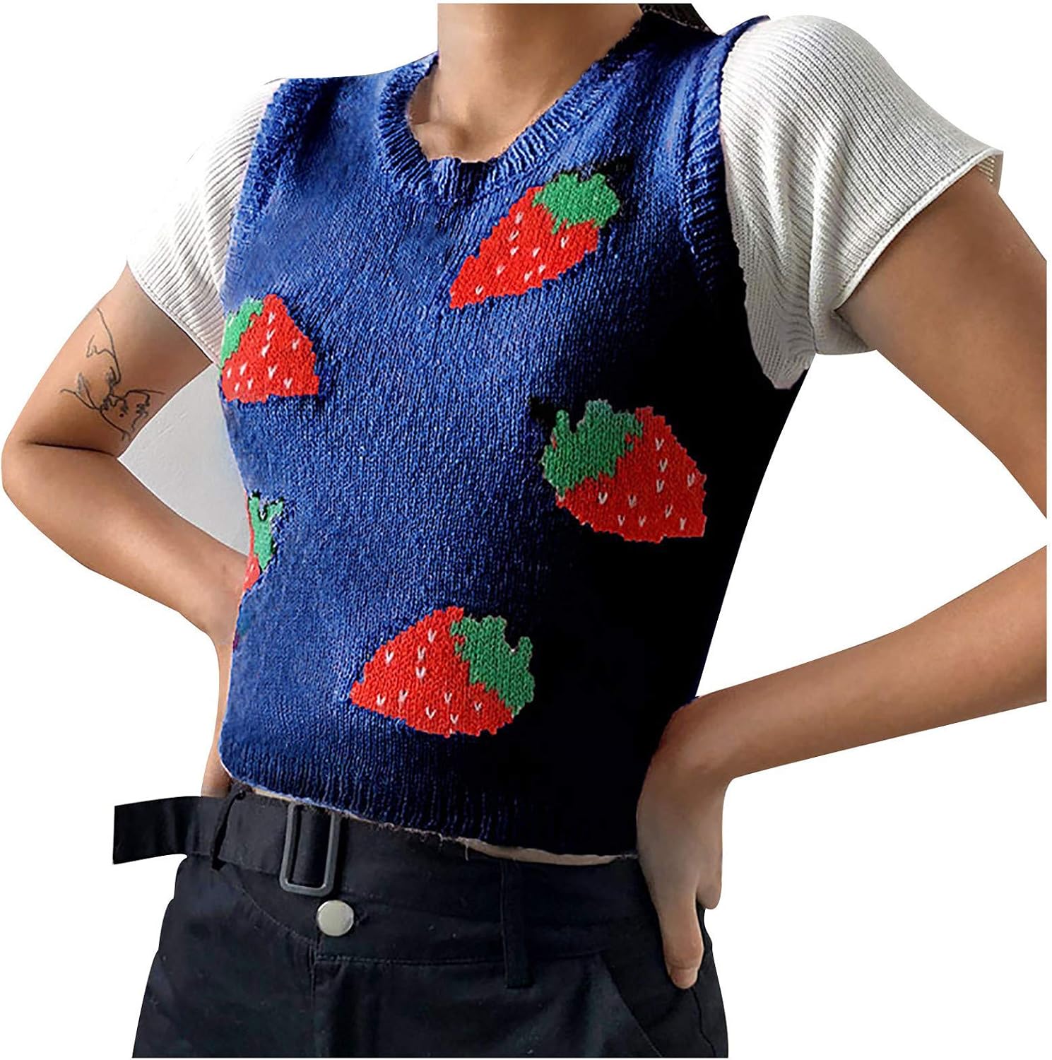Damen Pullunder England Style Strick Pulli V-Ausschnitt Erdbeere Druck ...