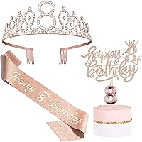 Amazon.com: Bella Meri 8th Birthday Gifts for Girl, 8th Birthday Tiara Crown, Sash, Cake Toppers ...