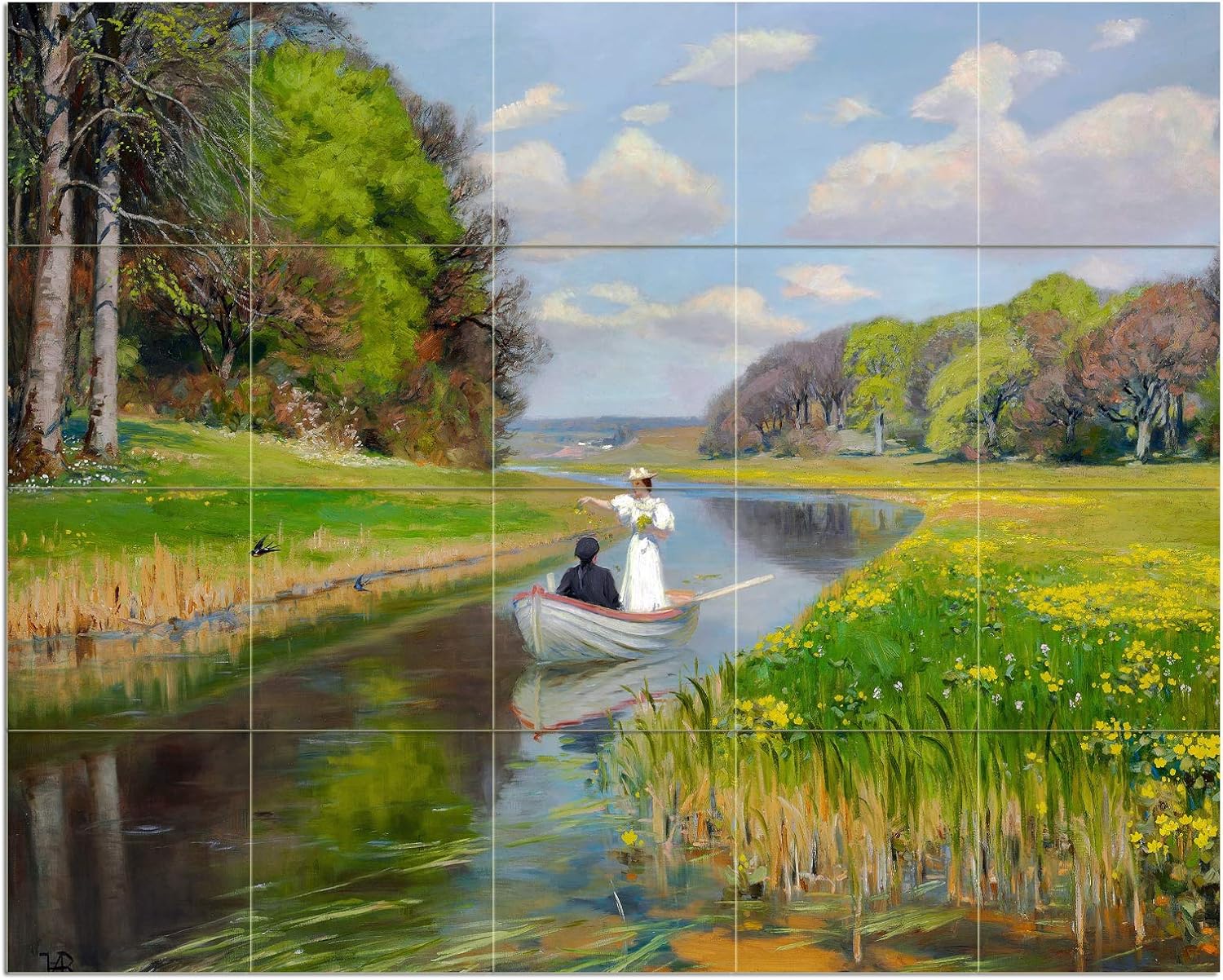 River Boat People Flowers Meadow Tile Mural Kitchen Backsplash Marble ...