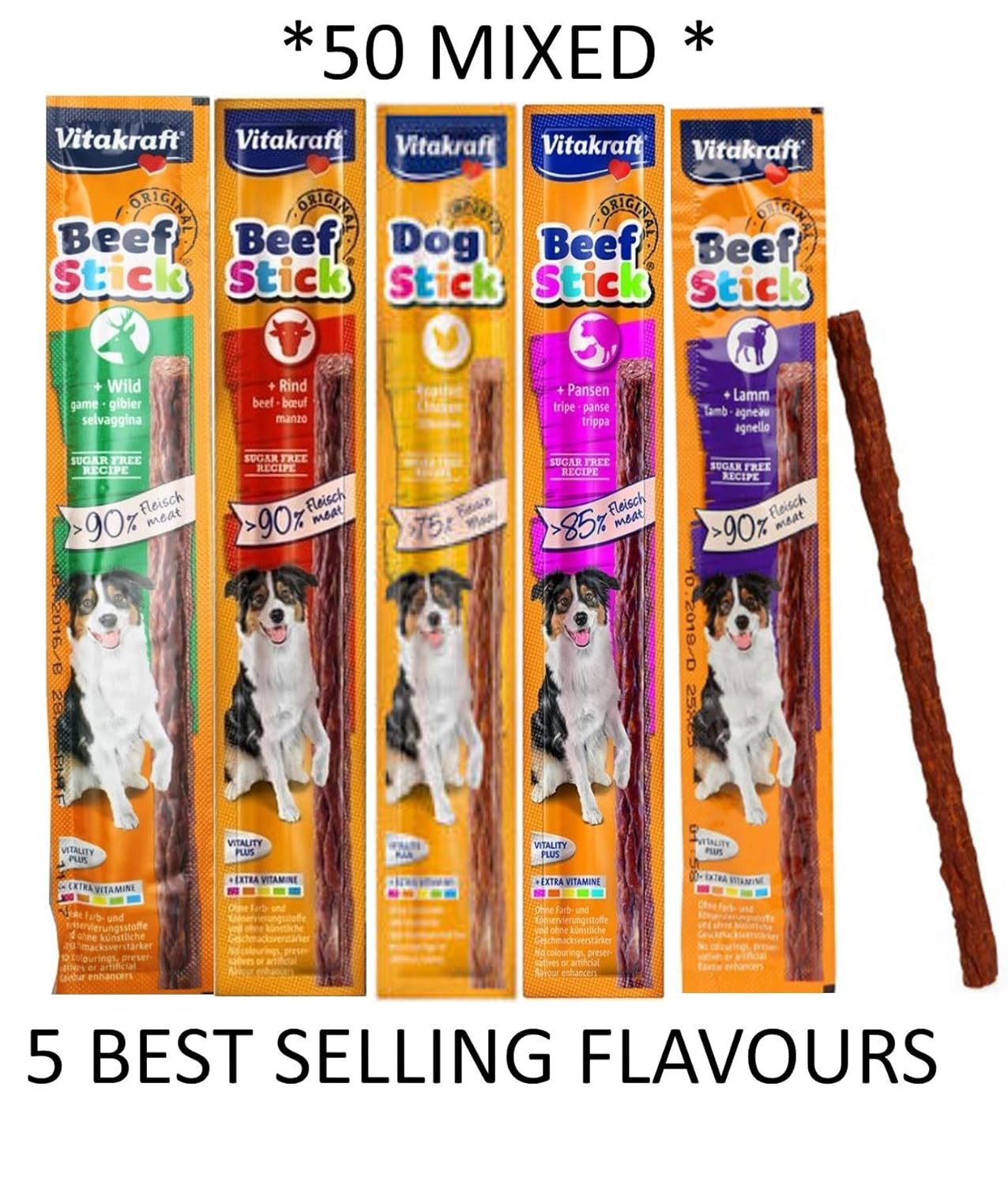Vitakraft *NEW* CASE OF 50 MIXED VARIETY DOG BEEF STICKS 10 FLAVOURS ...