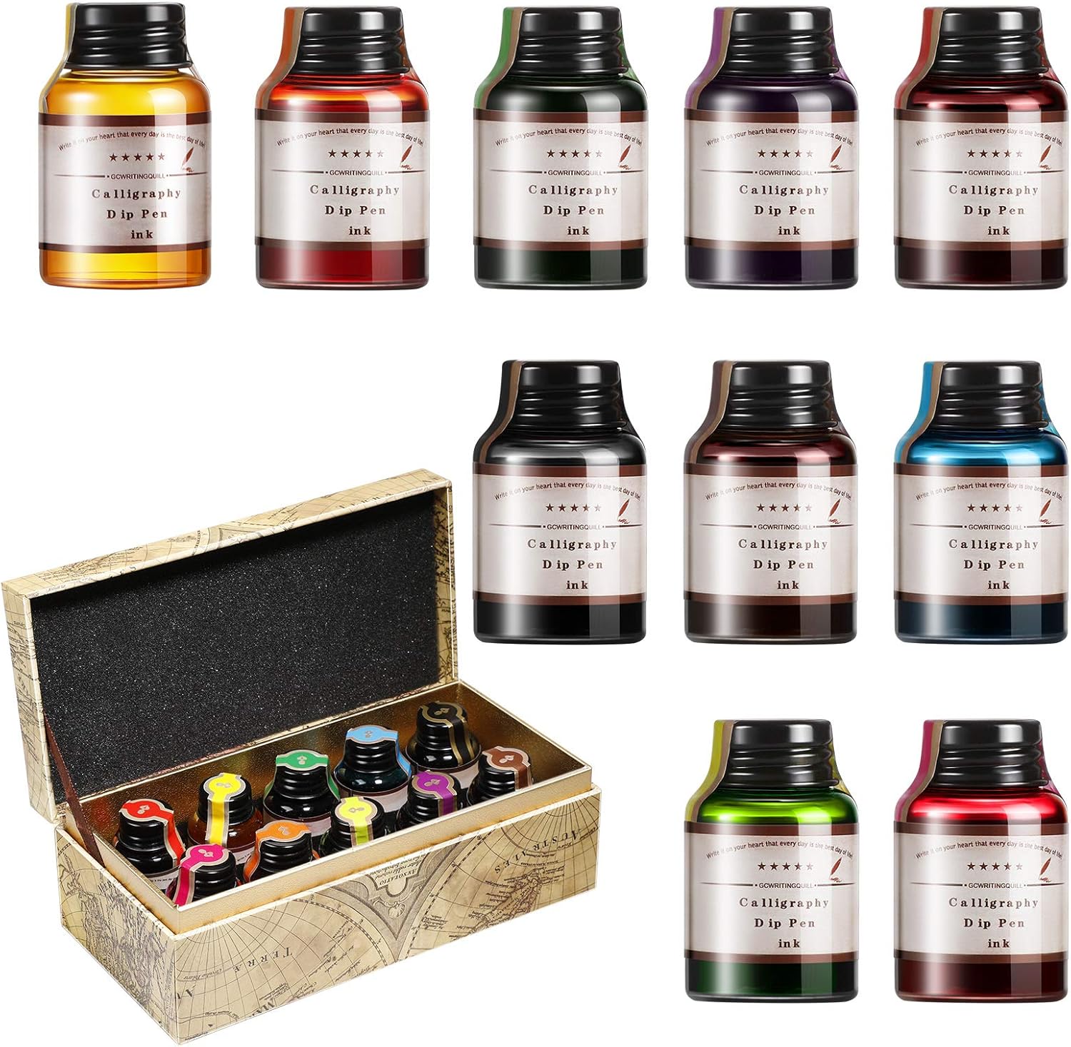 Calligraphy Pen Ink, 10 Colors Fountain Dip Pen Ink Set Non-Carbon ...