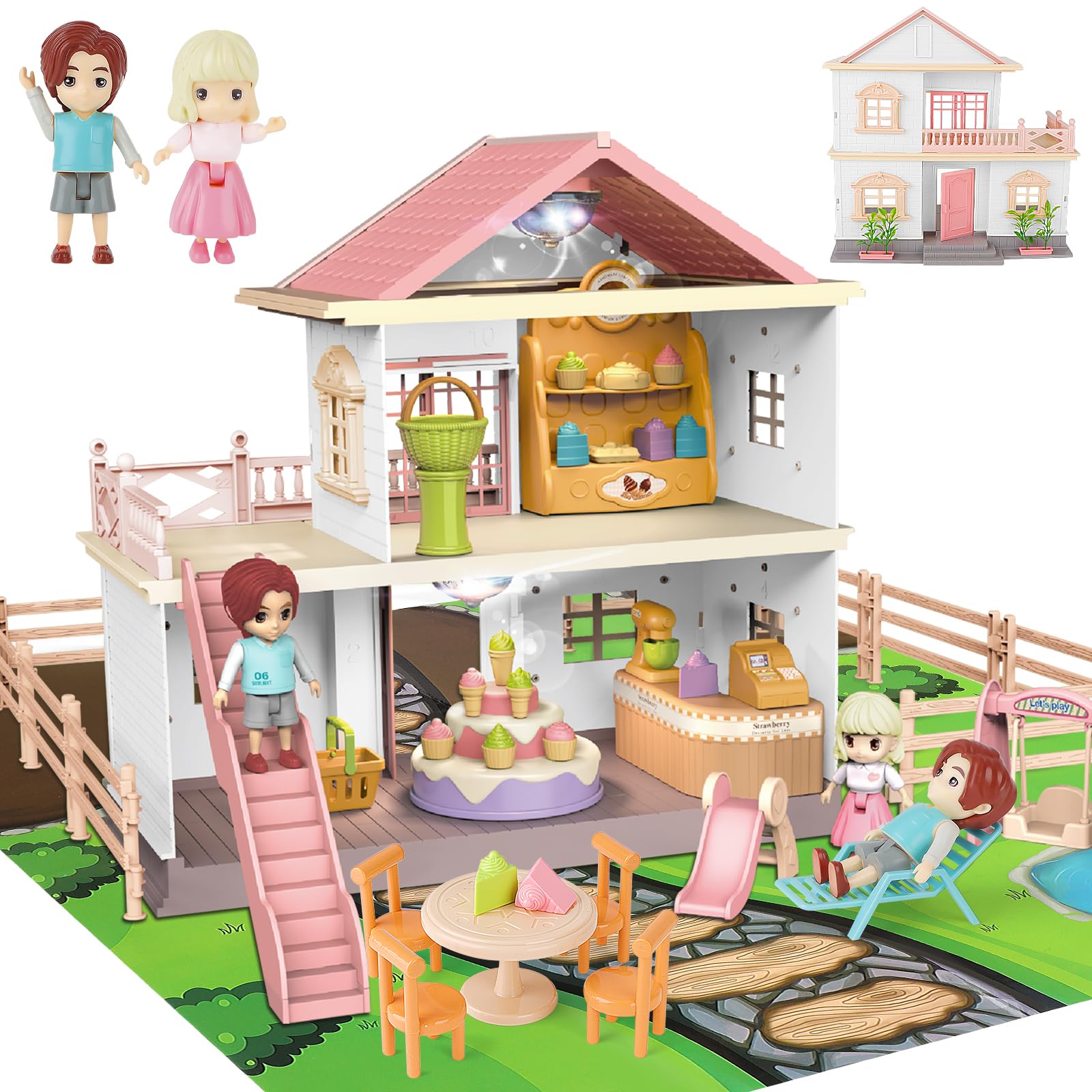 deAO Dollhouse for Girls,2-Story Doll House with 2 Dolls & Play Mat,DIY ...